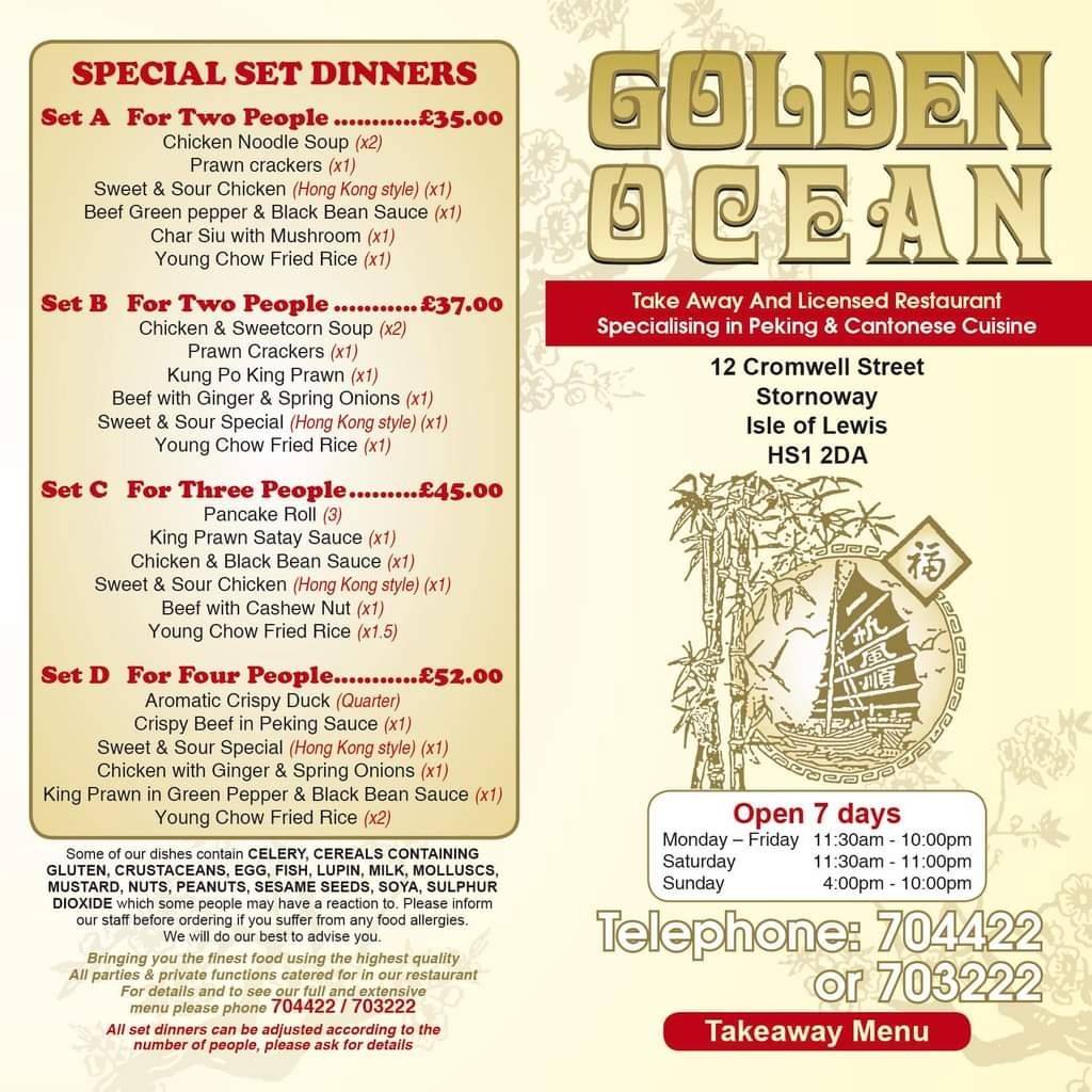 Menu at Golden Ocean restaurant, Stornoway