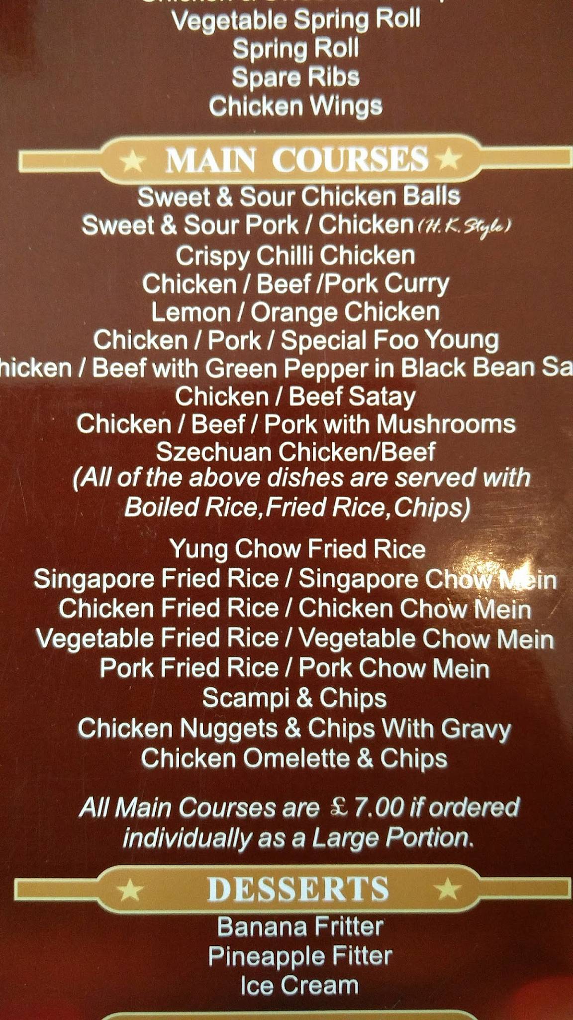 Menu at Golden Ocean restaurant, Stornoway