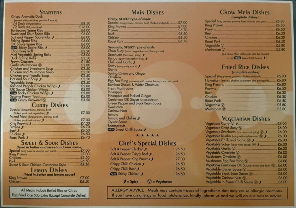 Menu at Golden Orange fast food, Burnley