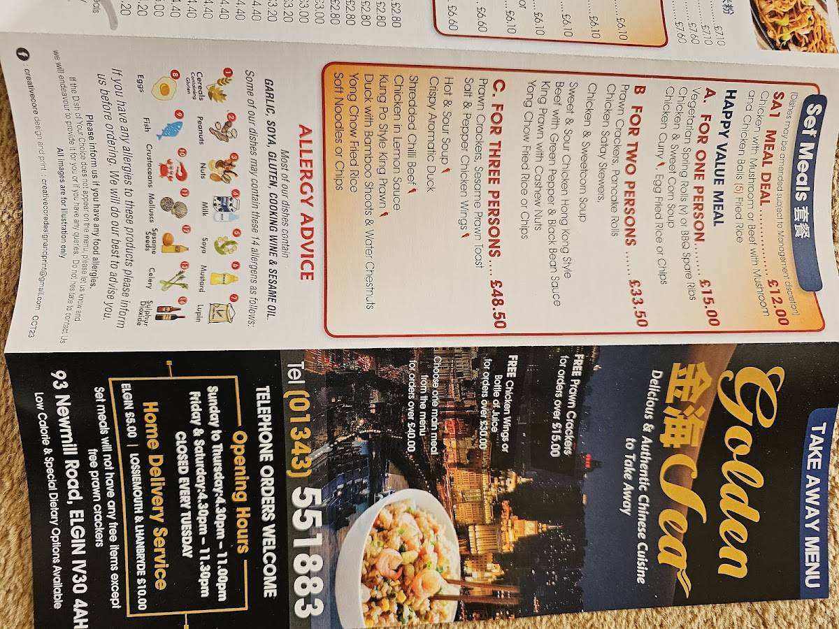 Menu at Golden Sea fast food, Elgin