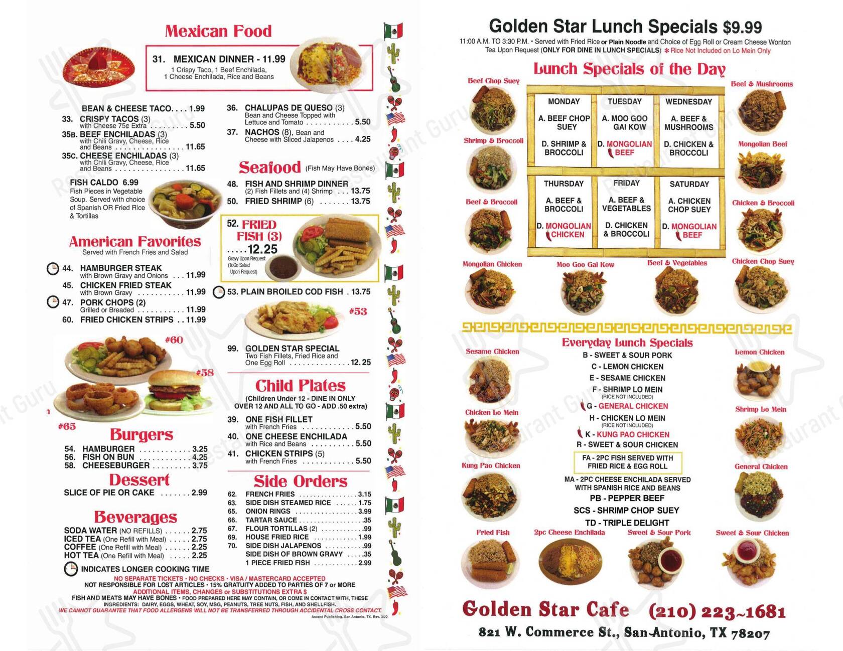 Menu at Golden Star Cafe, San Antonio