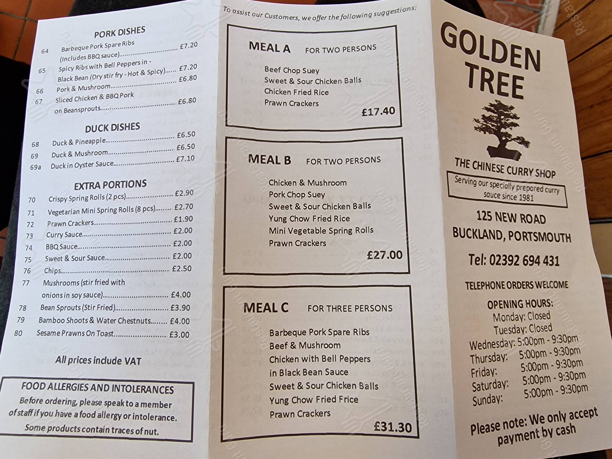 Menu at The Golden Tree fast food, Portsmouth, 125 New Rd
