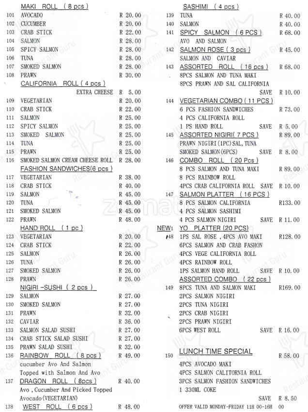 Menu at Good Flavour restaurant, Johannesburg