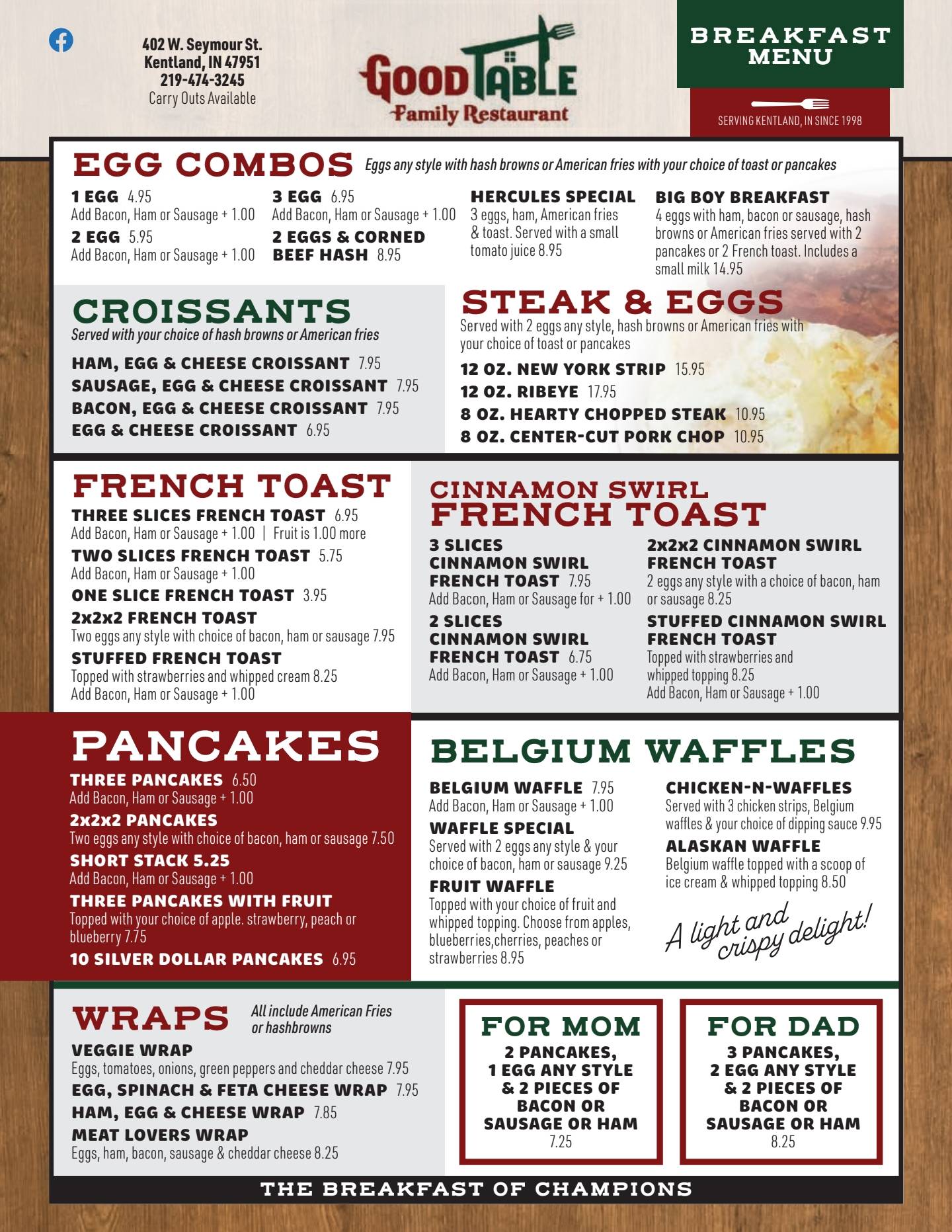 Menu at Good Table restaurant, Kentland