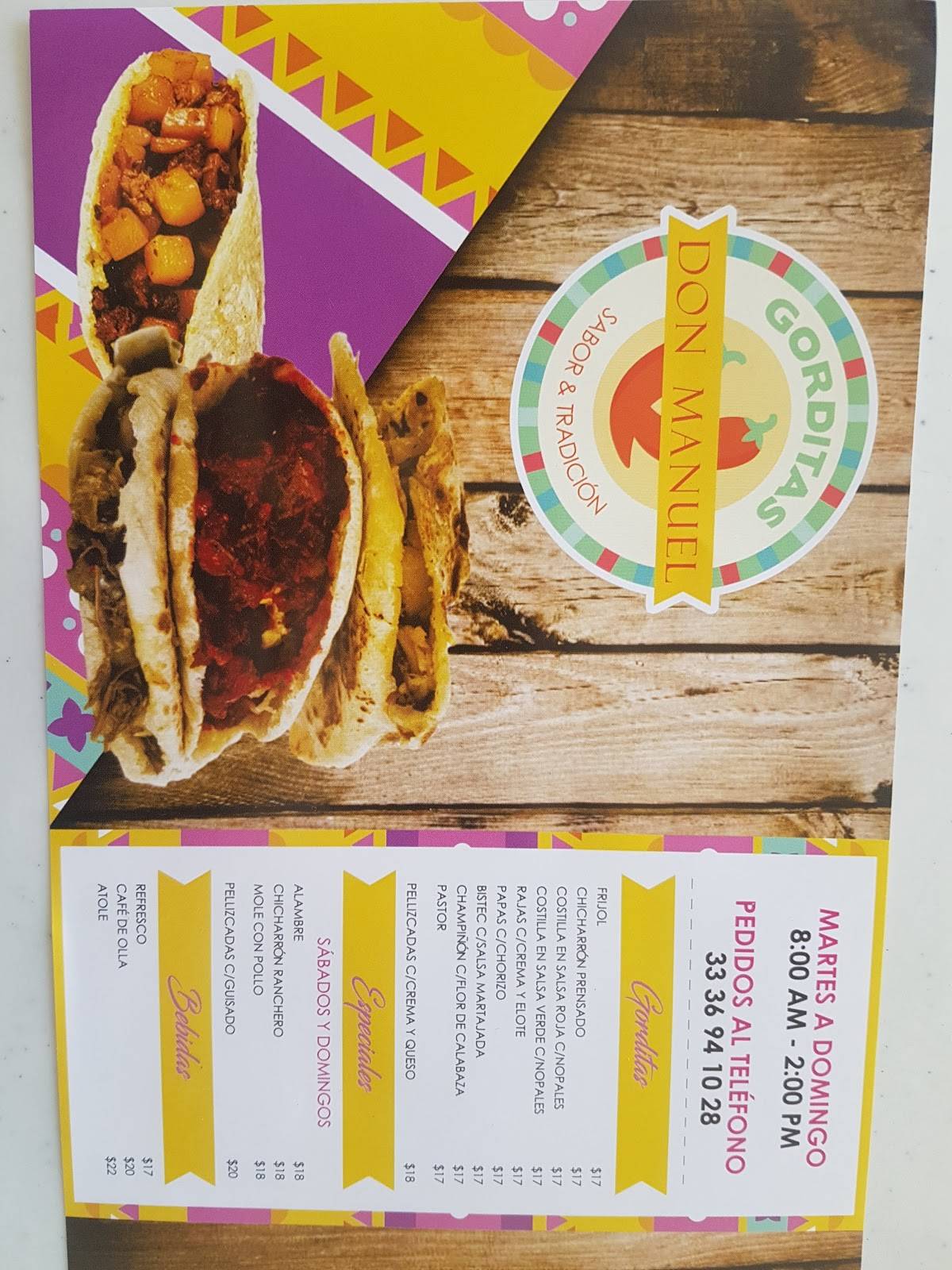 Menu at Gorditas Don Manuel restaurant, Tlaquepaque