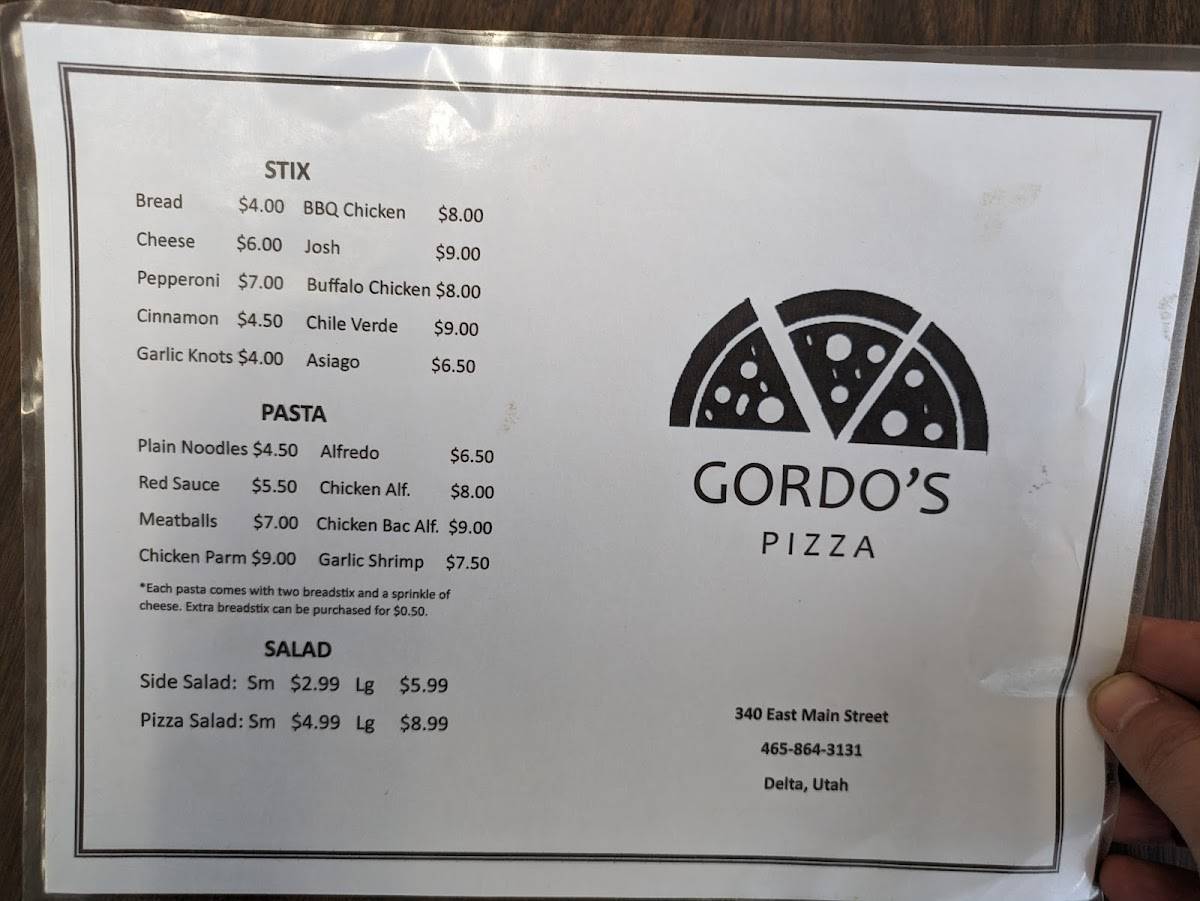 Menu at Gordo's Pizza pizzeria, Delta