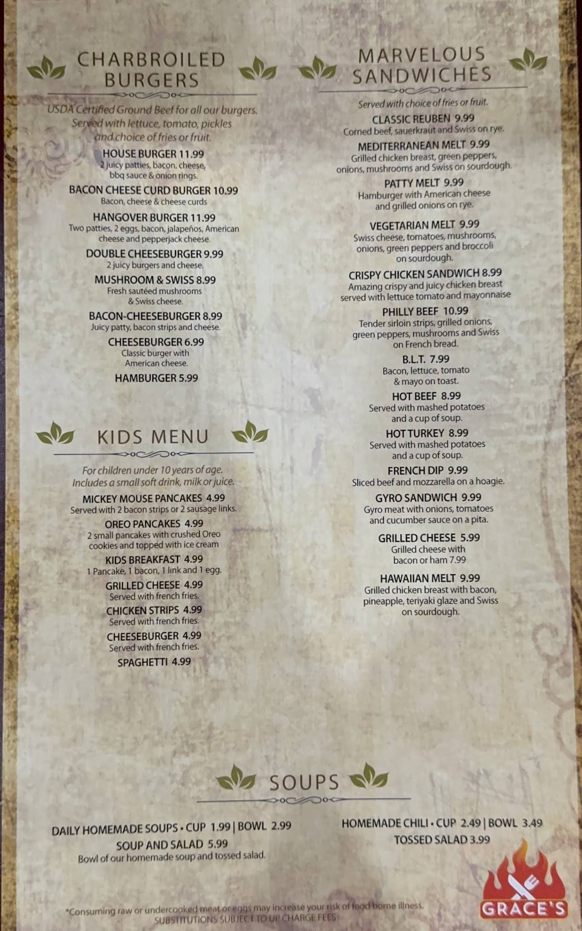 Menu at Grace's Restaurant, Wisconsin Rapids