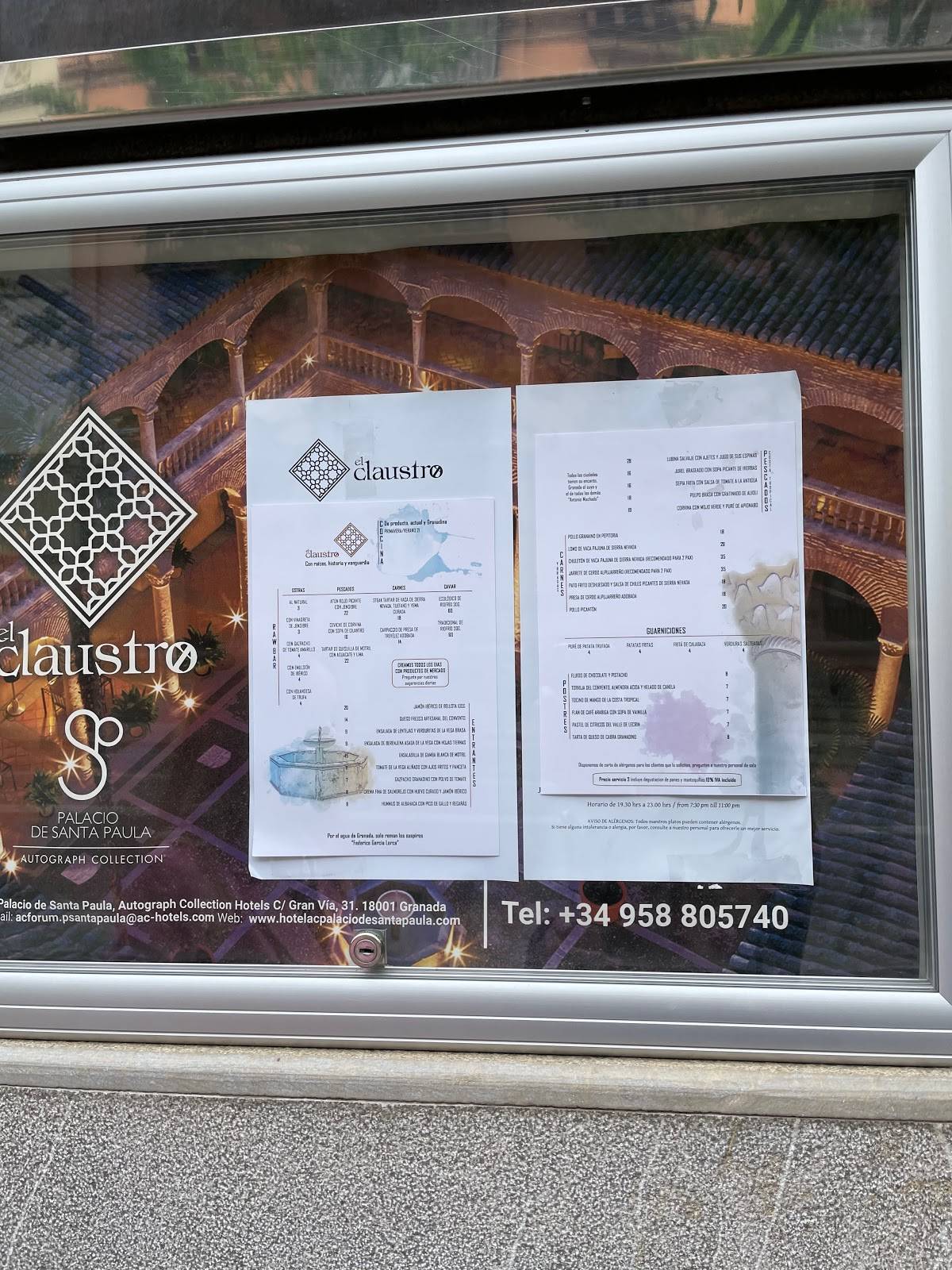 Menu at El Claustro restaurant, Granada