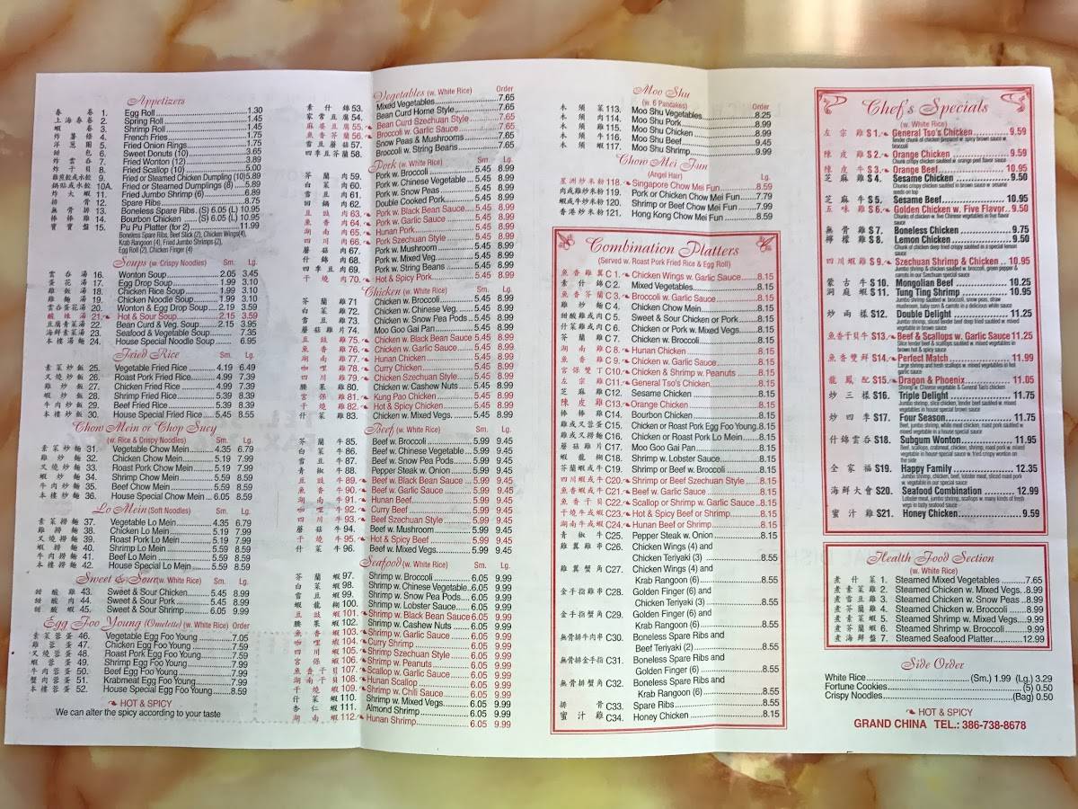 Menu at Grand China restaurant, DeLand