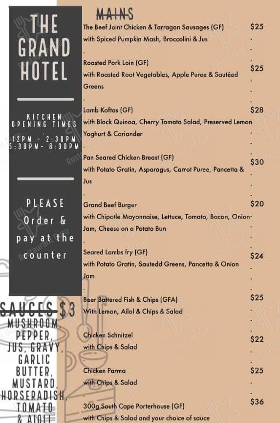 Menu at Grand Hotel Healesville - The Local pub & bar, Healesville