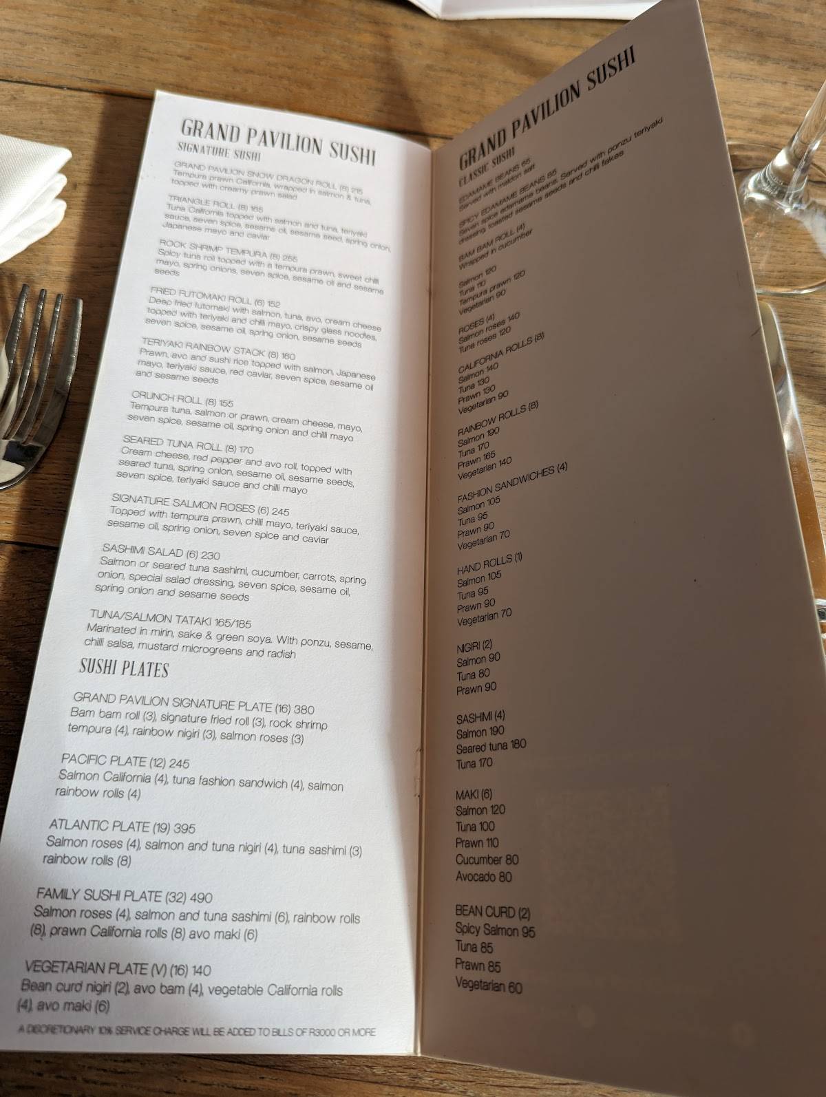 Menu at Grand Pavilion restaurant, Cape Town