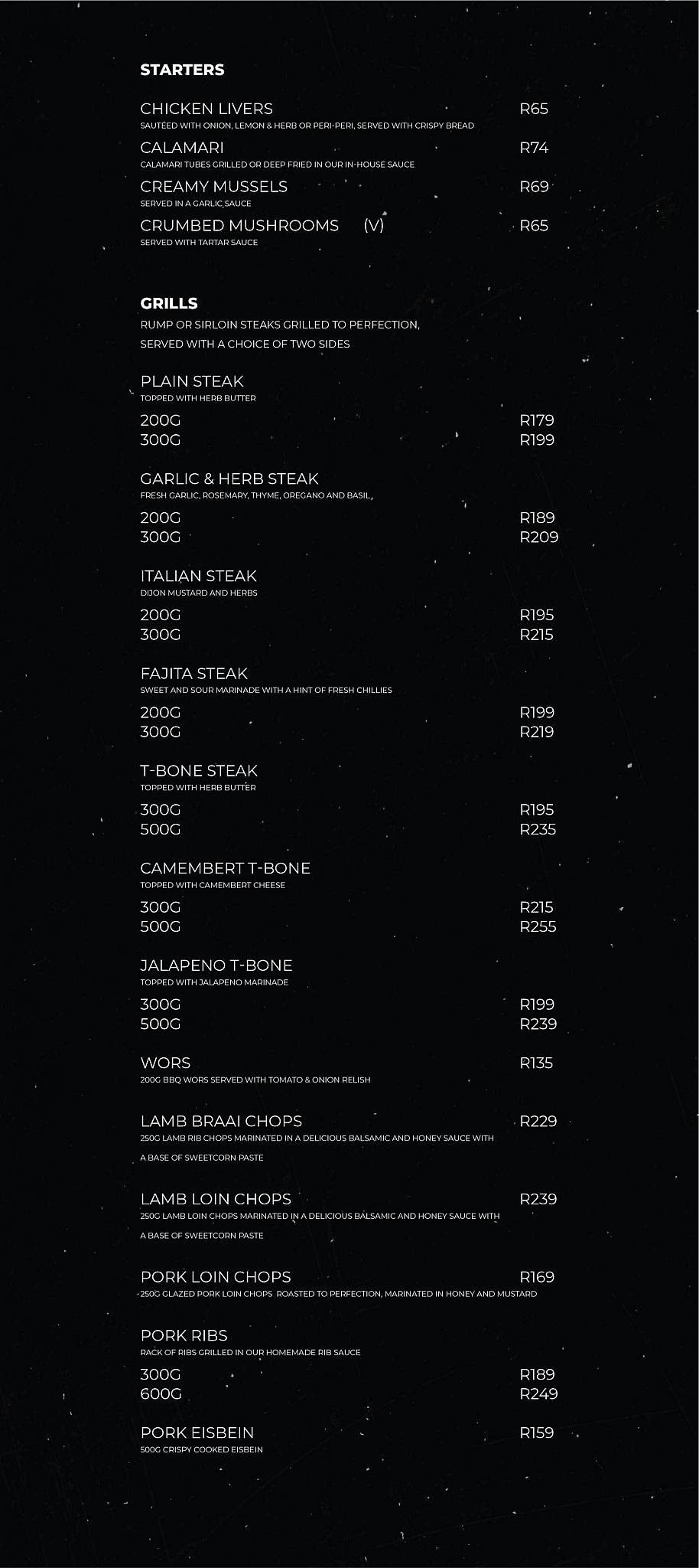 Menu at Granite Lounge restaurant, Midrand