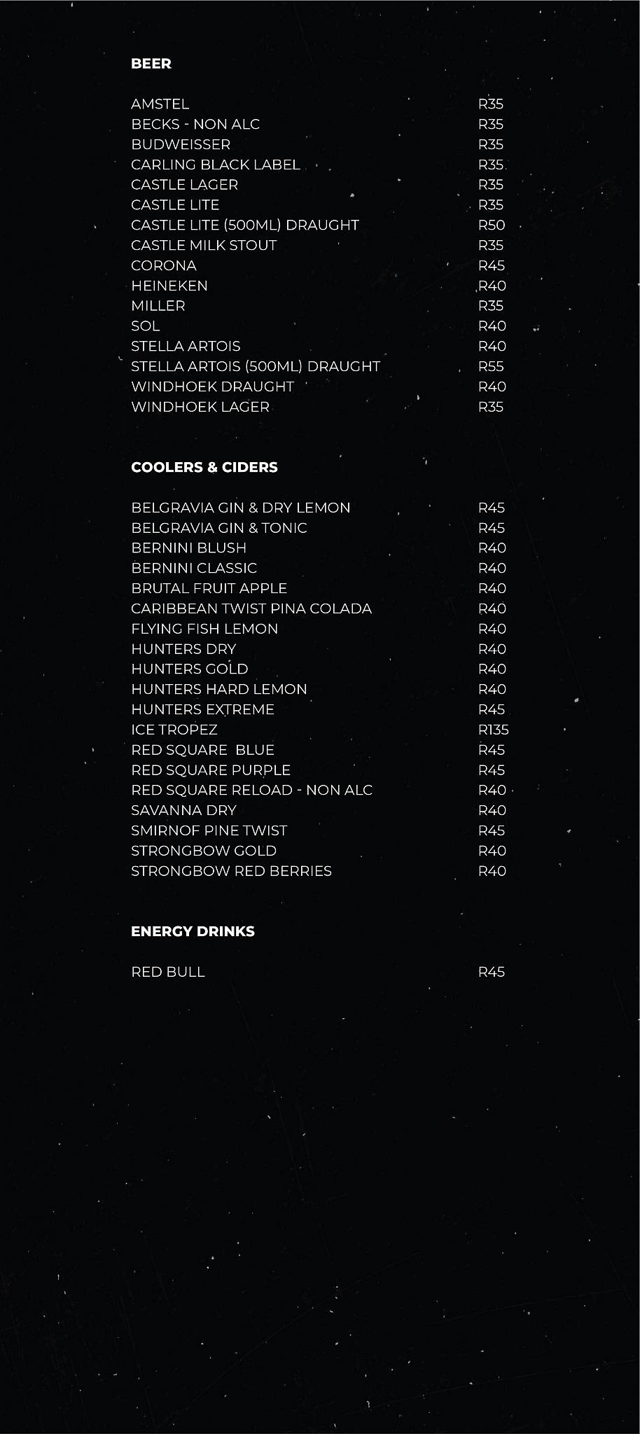 Menu at Granite Lounge restaurant, Midrand