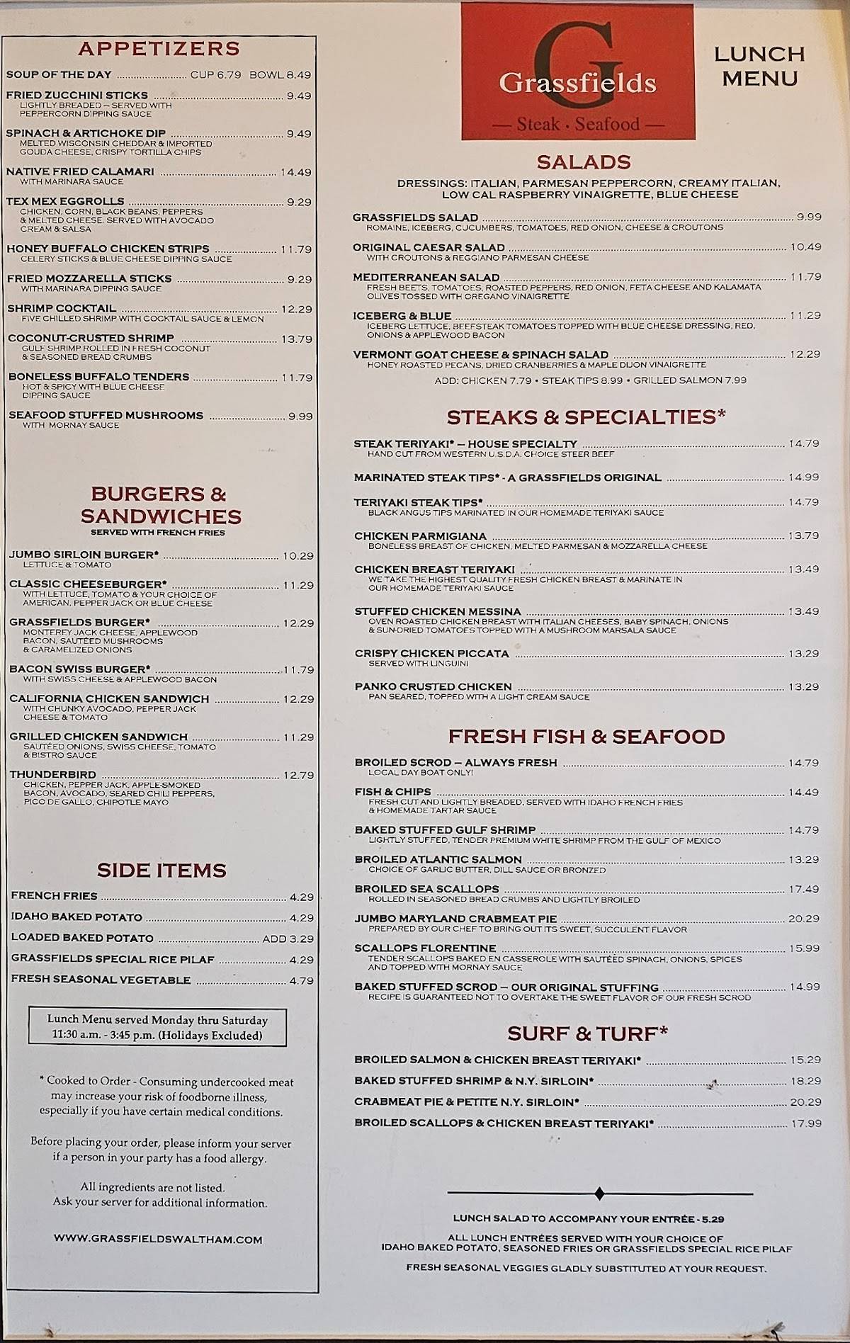 Menu at Grassfields steakhouse, Waltham