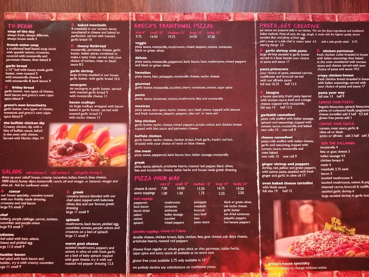 Menu at Greco's Pizza pizzeria, North Bay, 344 Algonquin Ave