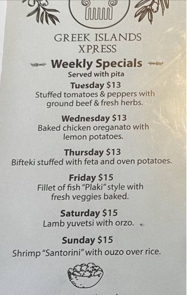 Menu at Greek Islands Xpress restaurant, Stroudsburg