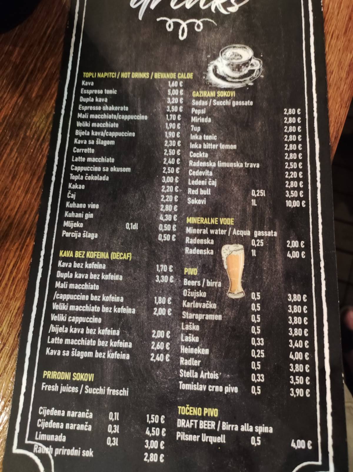 Menu at Green Bar, Umag