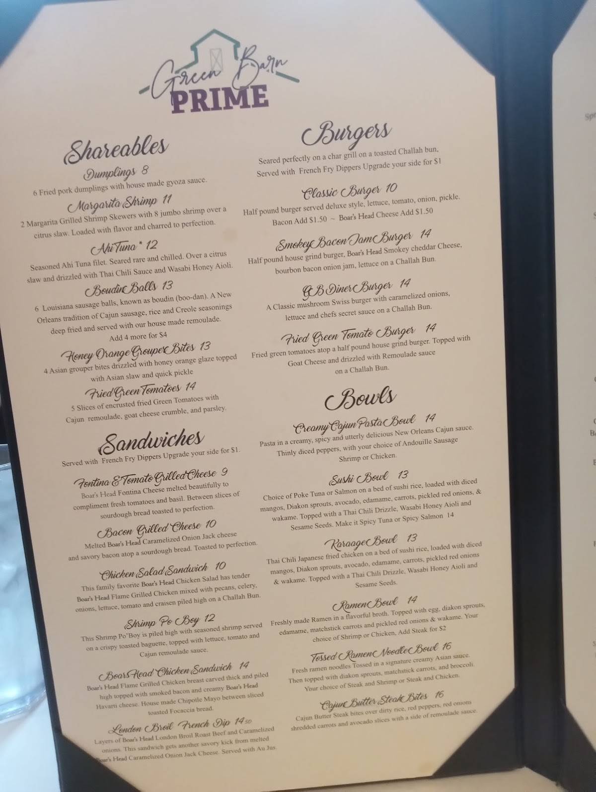 Menu at Green Barn Prime, Trenton