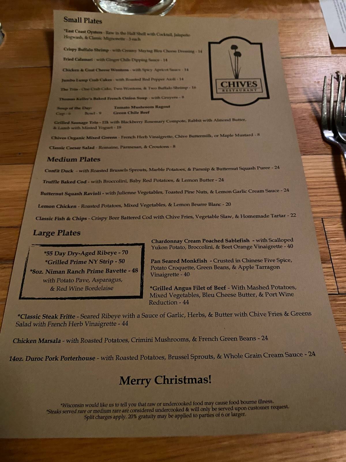 Menu at Chives Restaurant, Suamico