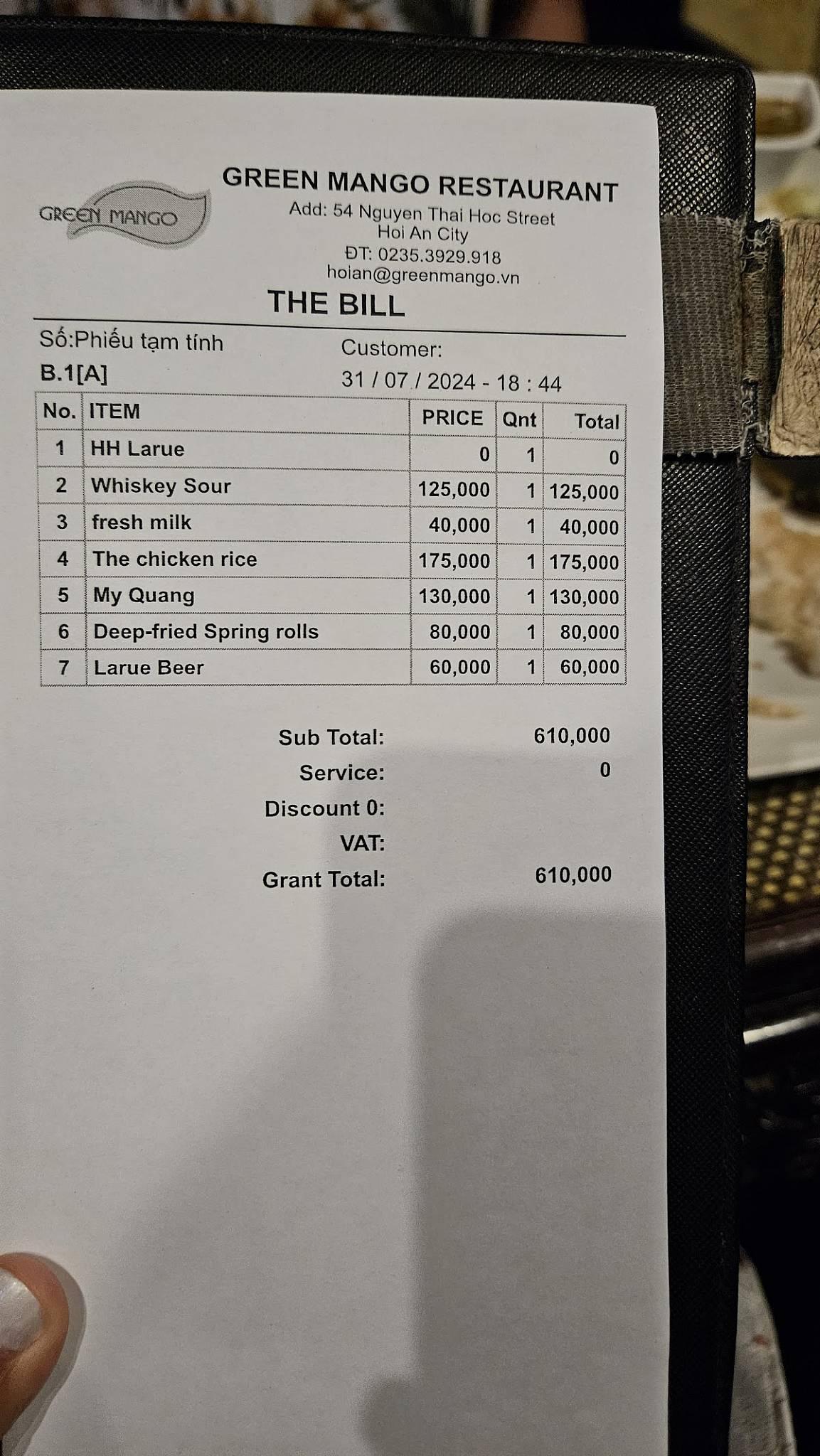 Menu at Green Mango Restaurant, Hoi An