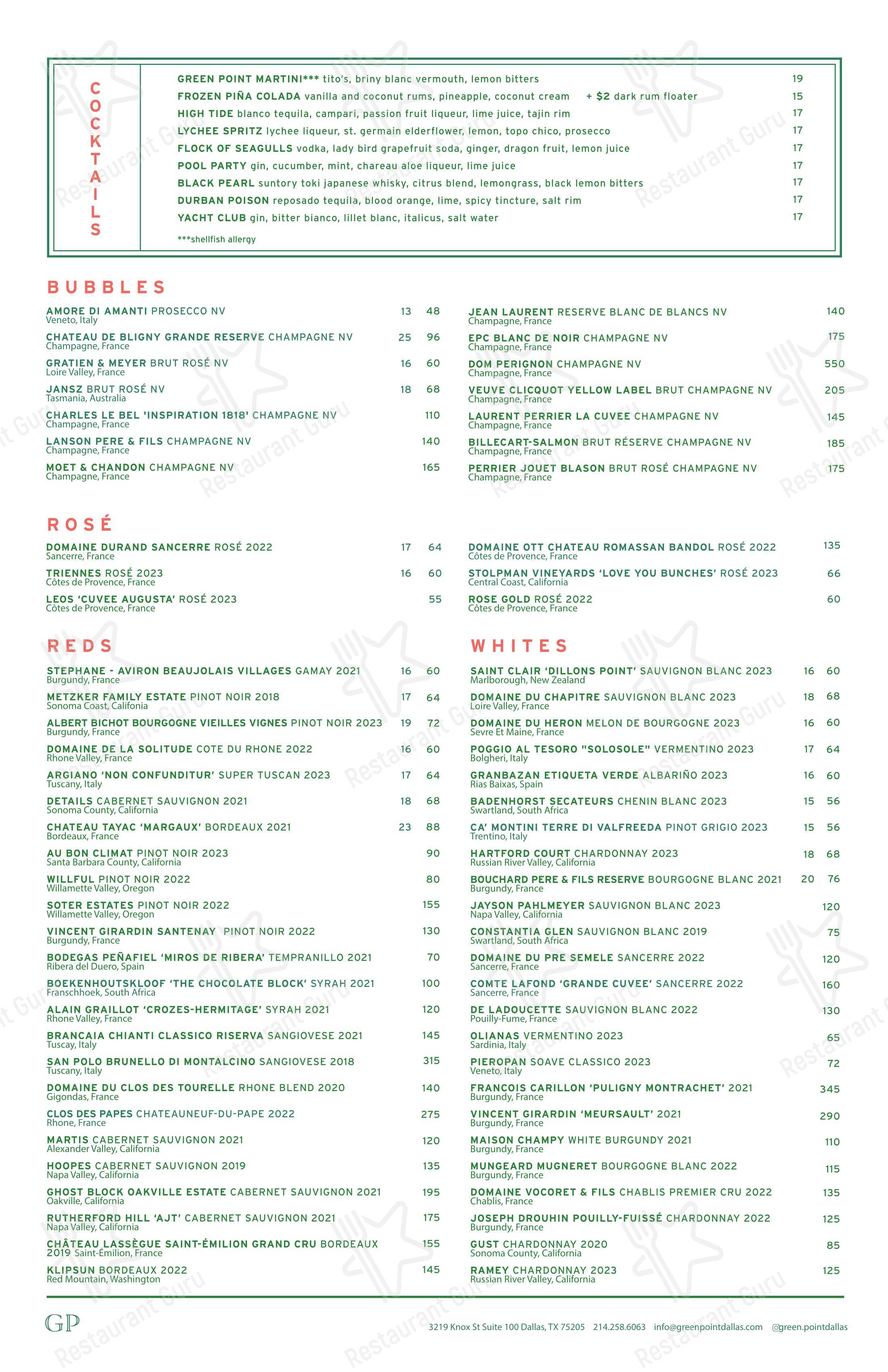 Menu at Green Point Seafood and Oyster Bar, Dallas