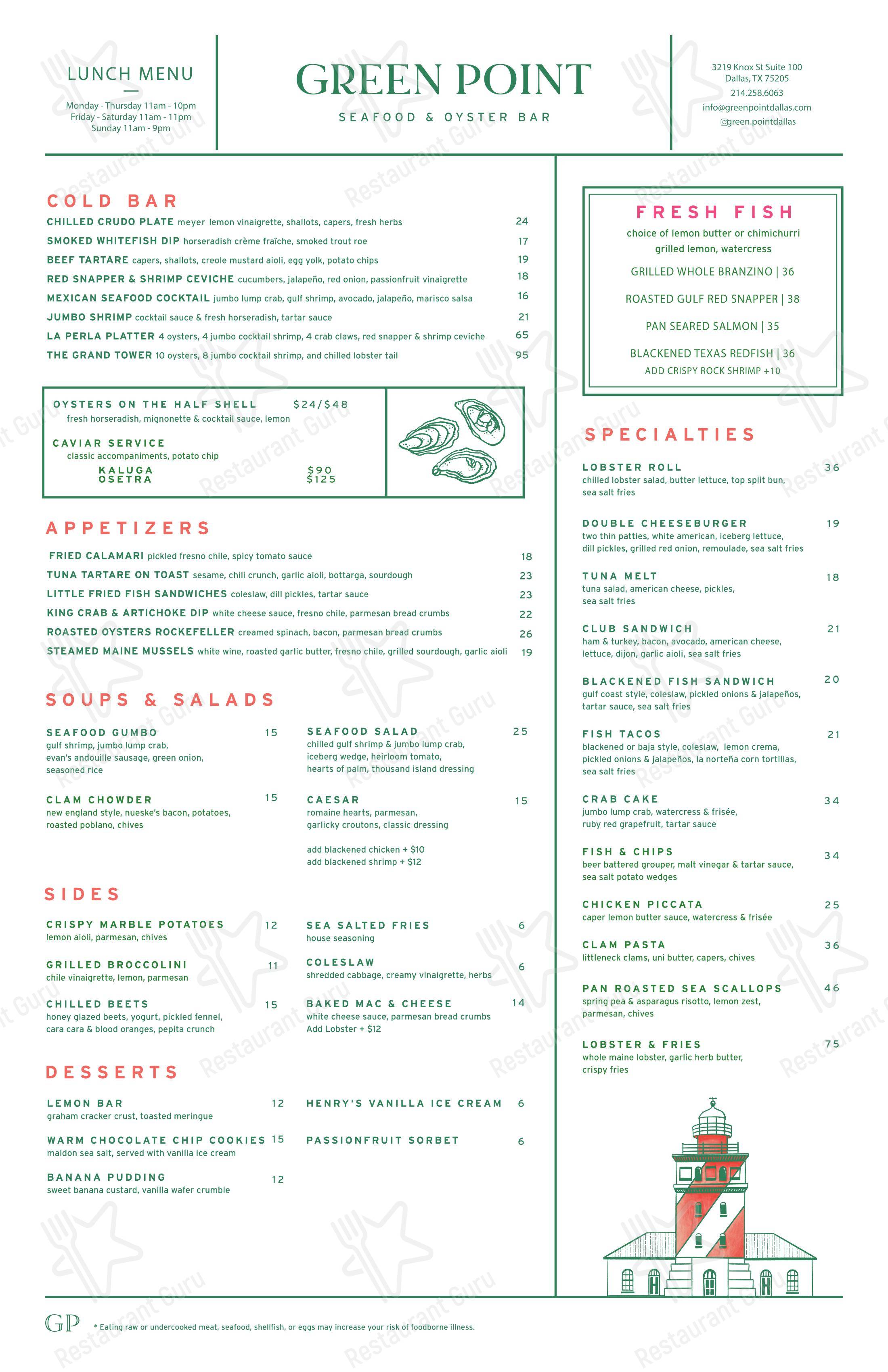 Menu at Green Point Seafood and Oyster Bar, Dallas