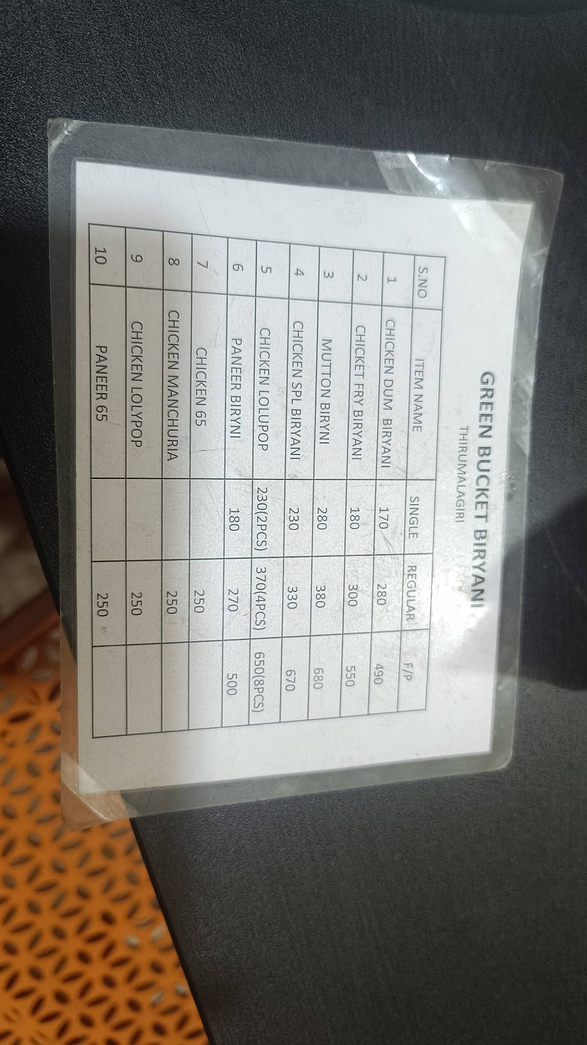 Menu at Green bucket biryani Thirumalagiri thonda, India