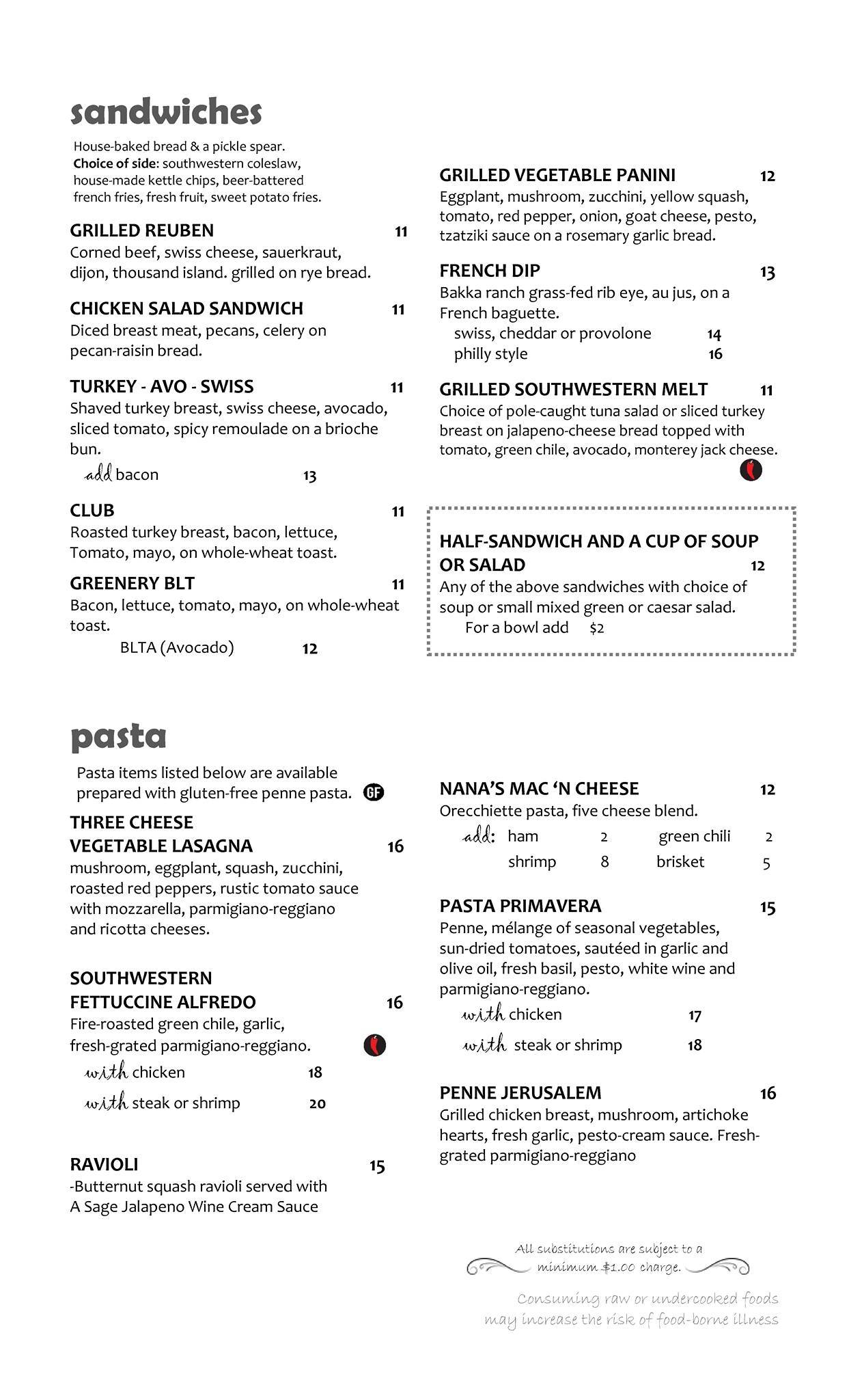 Menu at Greenery Restaurant, El Paso, 750 Sunland Park Dr