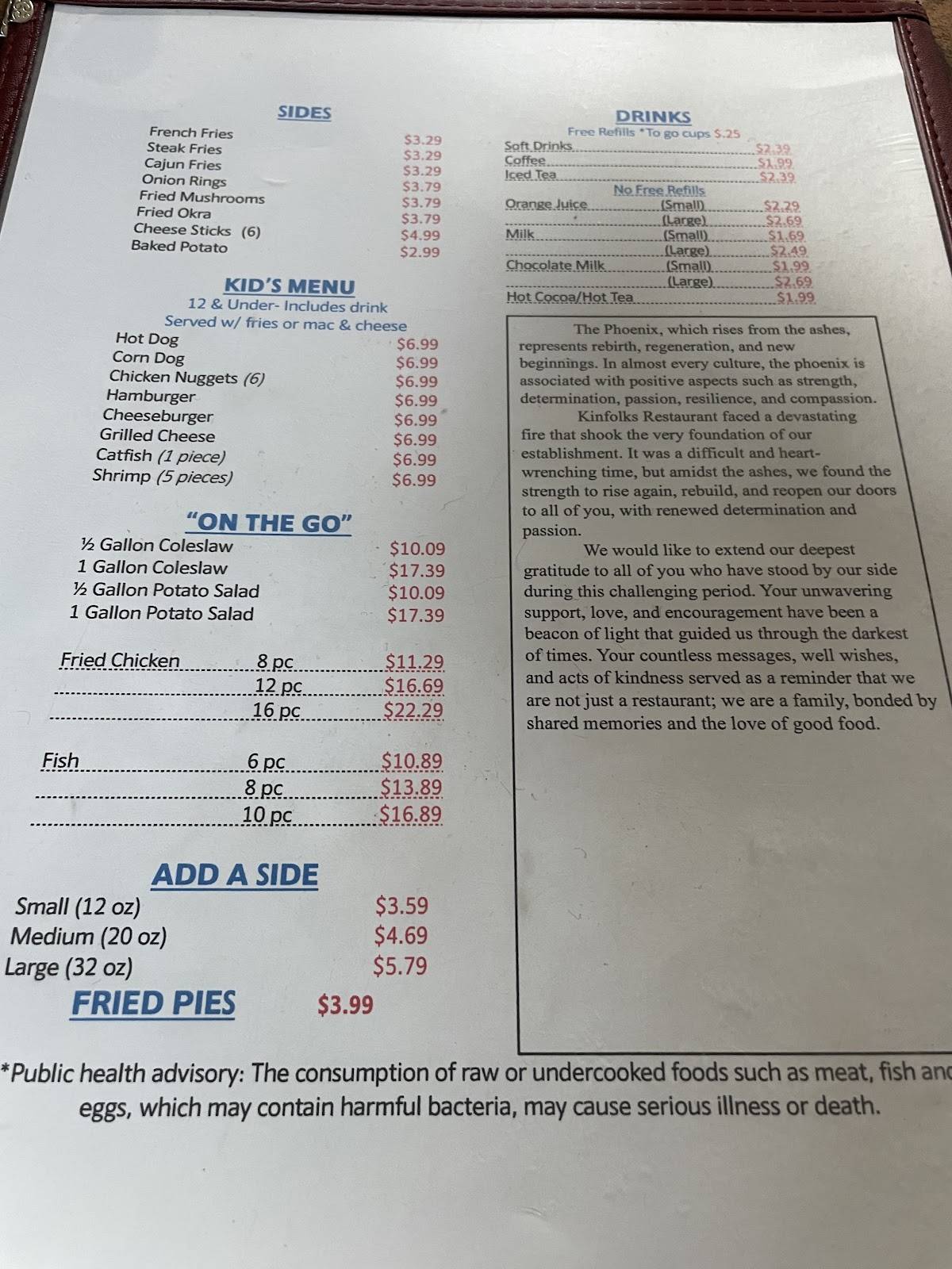 Menu at Kinfolks Restaurant, Greenville, 139 Front St