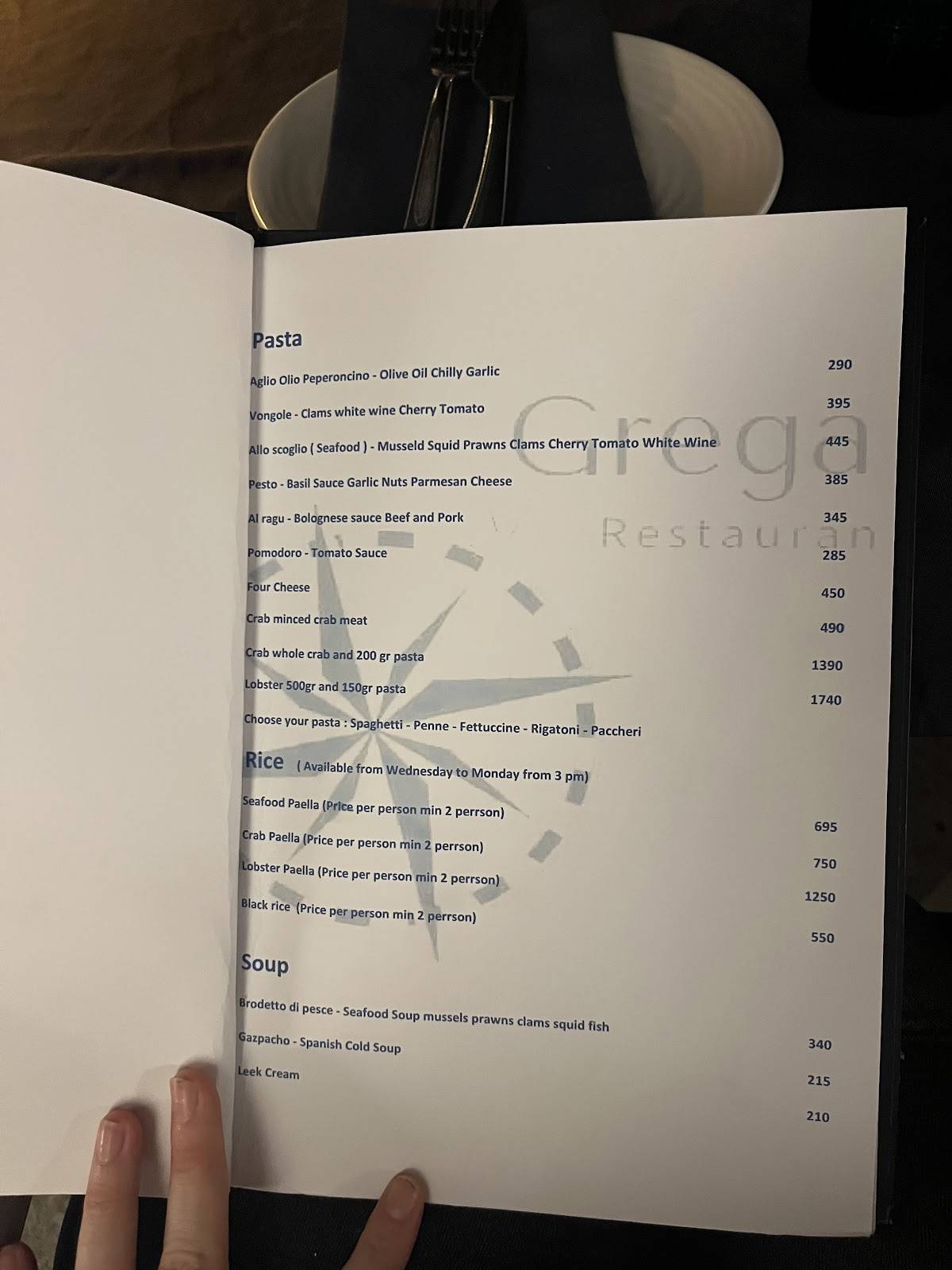 Menu at Gregal Hua Hin restaurant, Hua Hin