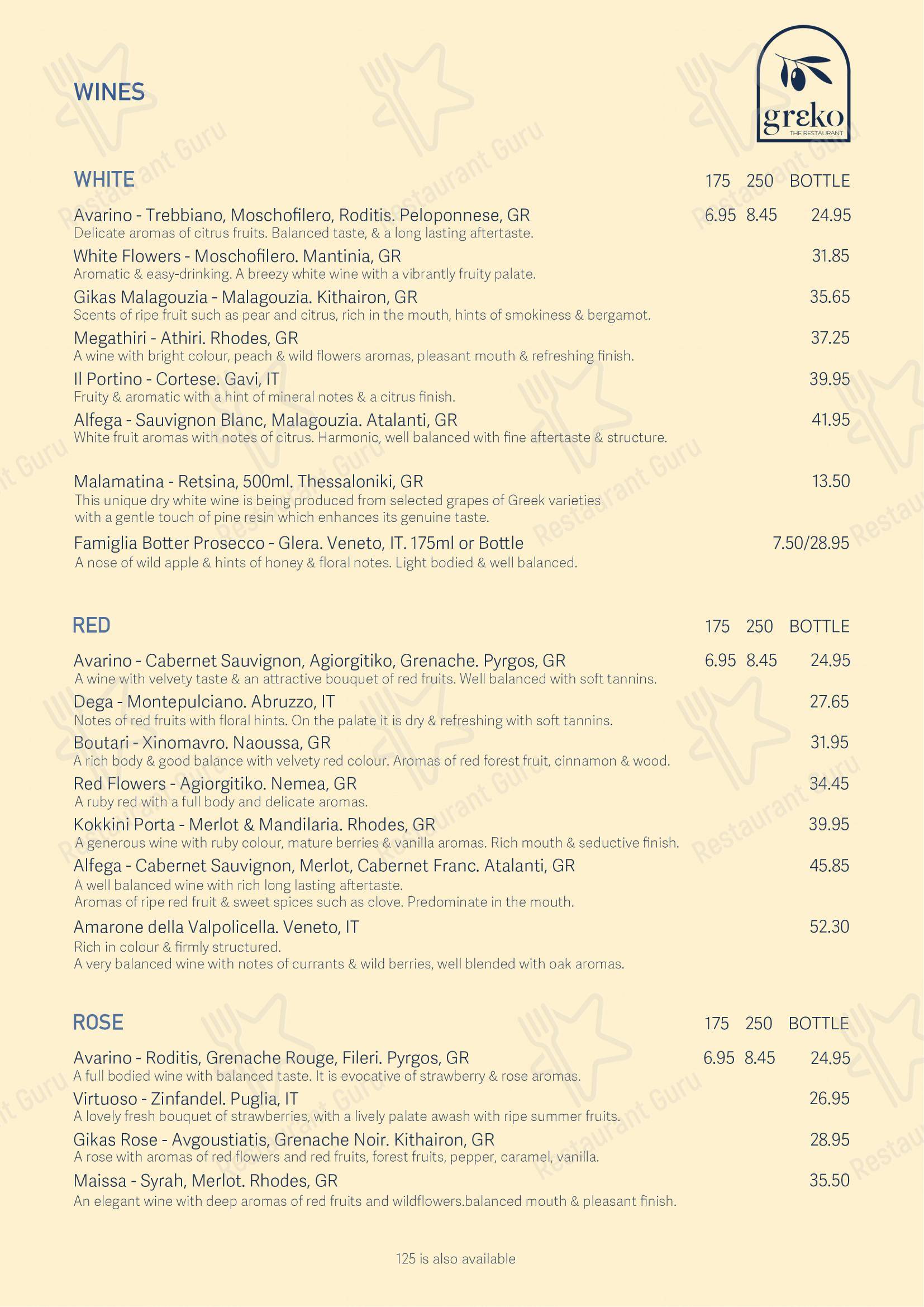 Menu at Greko Beverley restaurant, Beverley