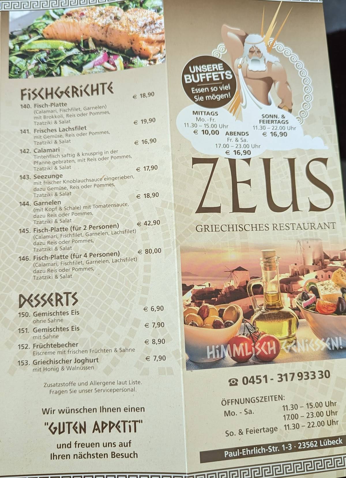 Speisekarte von Griechisches Restaurant ZEUS, Lübeck