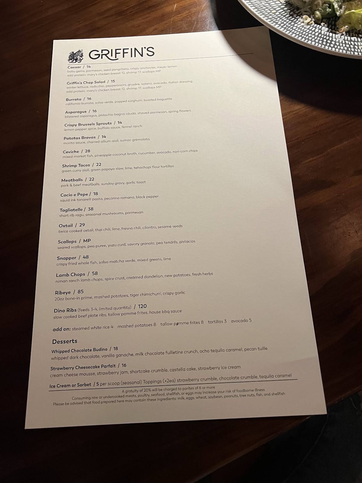 Menu at Griffin's pub & bar, Brea