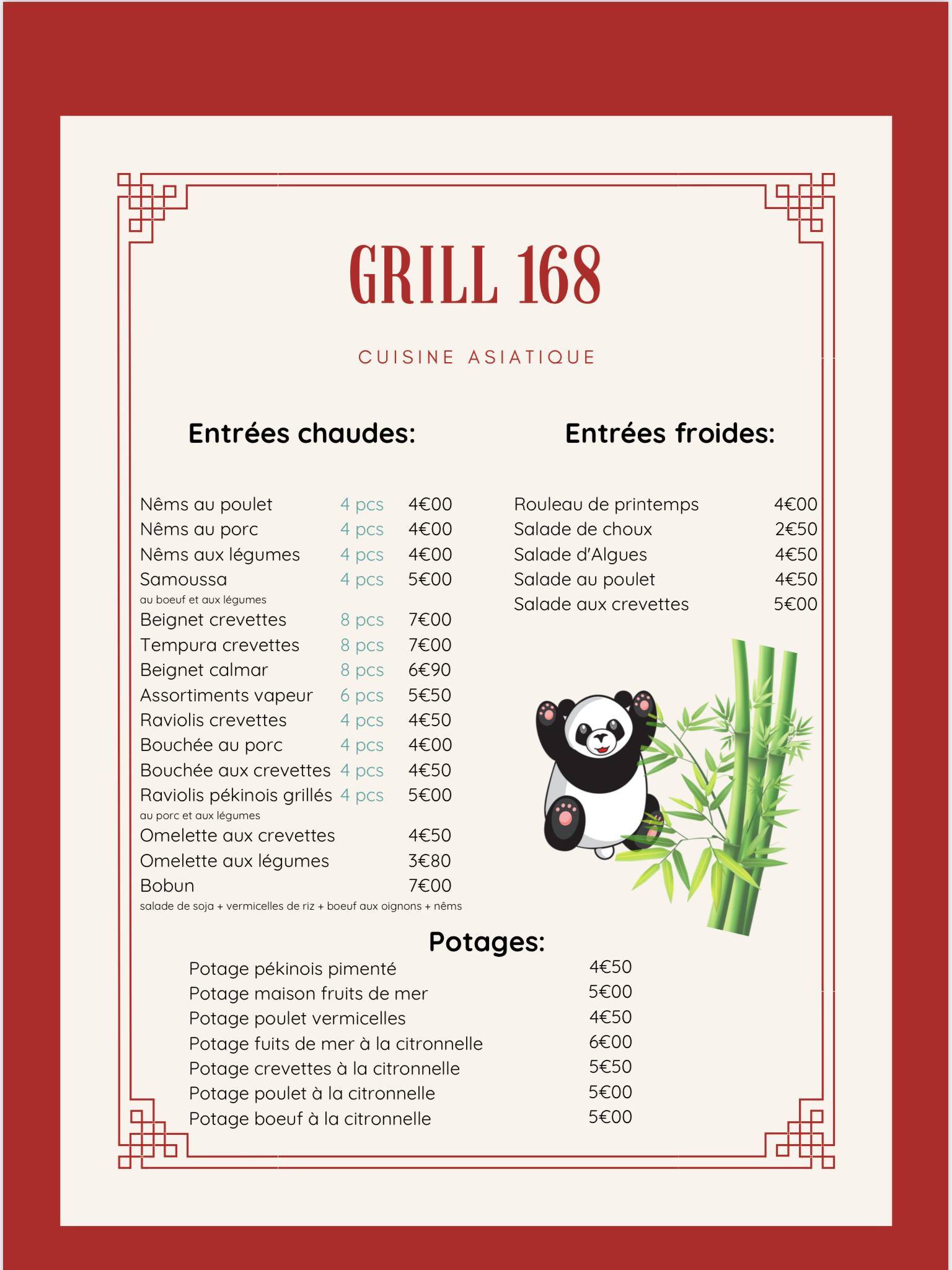 Menu au Grill 168 restaurant, Épernon