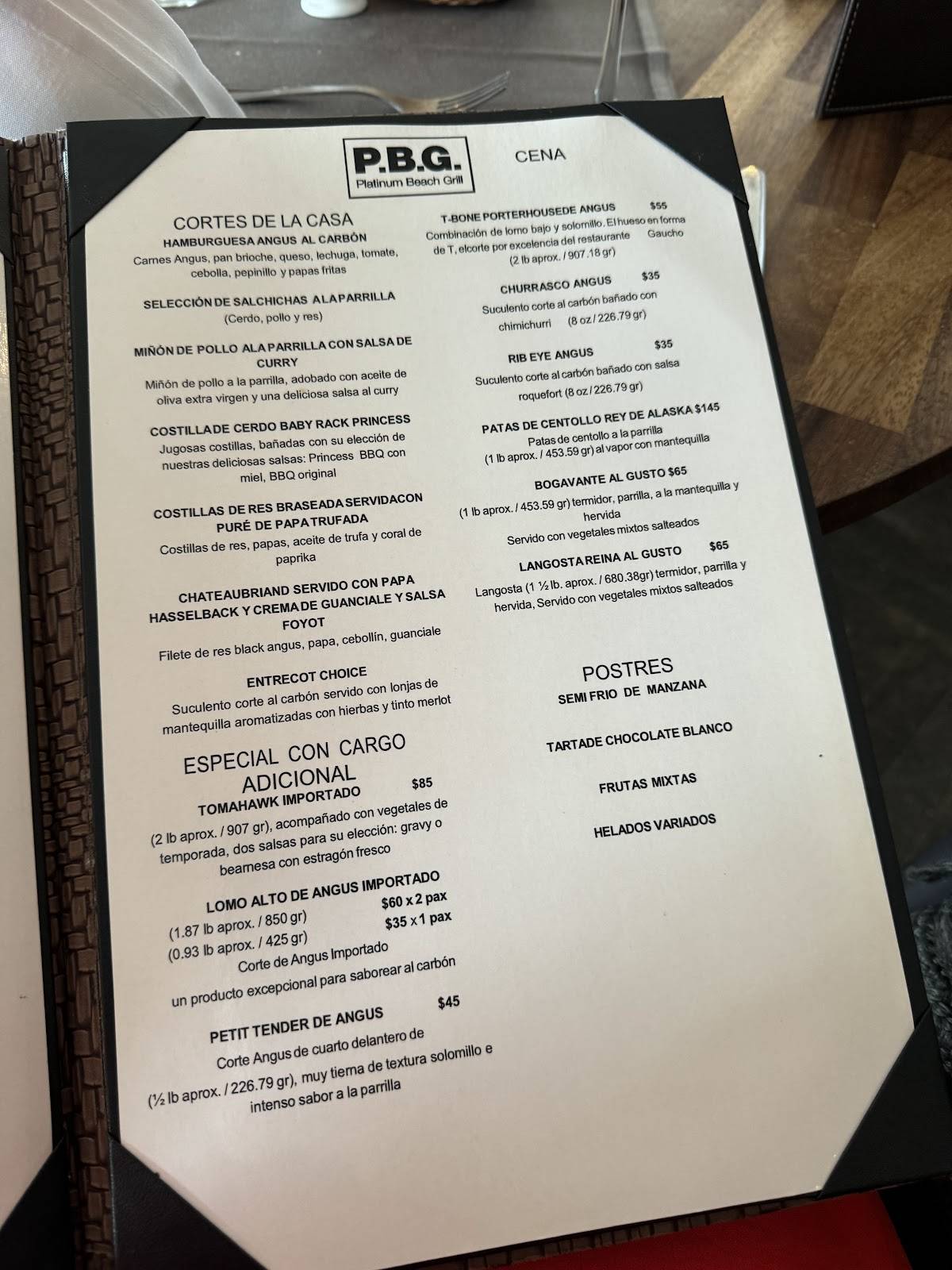 Menu at Grill PBG Restaurant (Platinum), Punta Cana