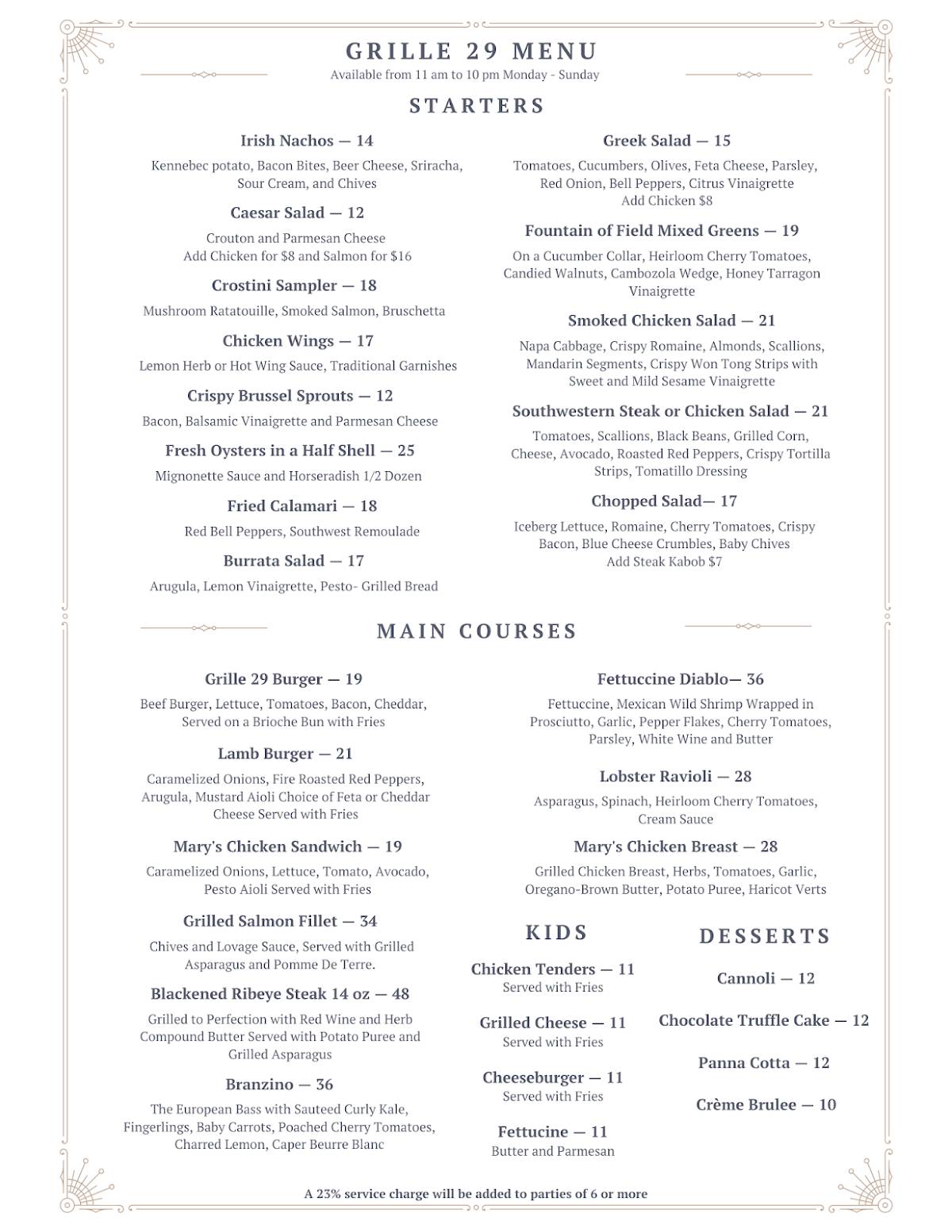 Menu at Grille 29 Restaurant & Lounge, Napa, California Blvd