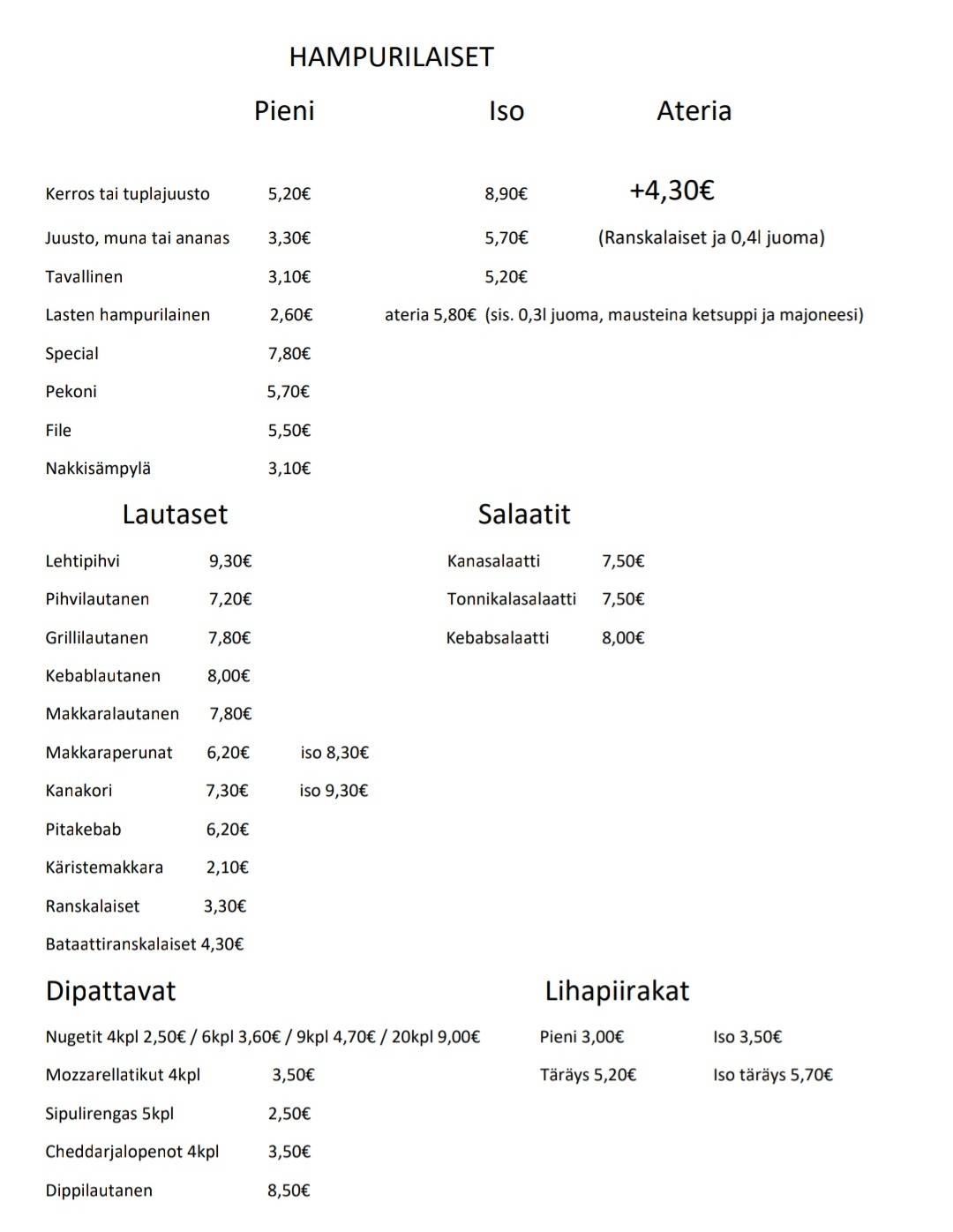 Menu at Grillimyynti Heimot Oy restaurant, Paimio