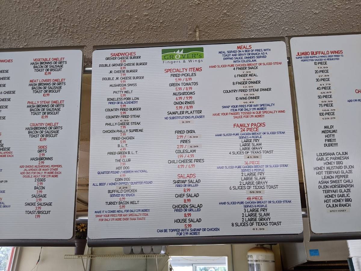 Menu at Grover's Fingers & Wings restaurant, Pensacola