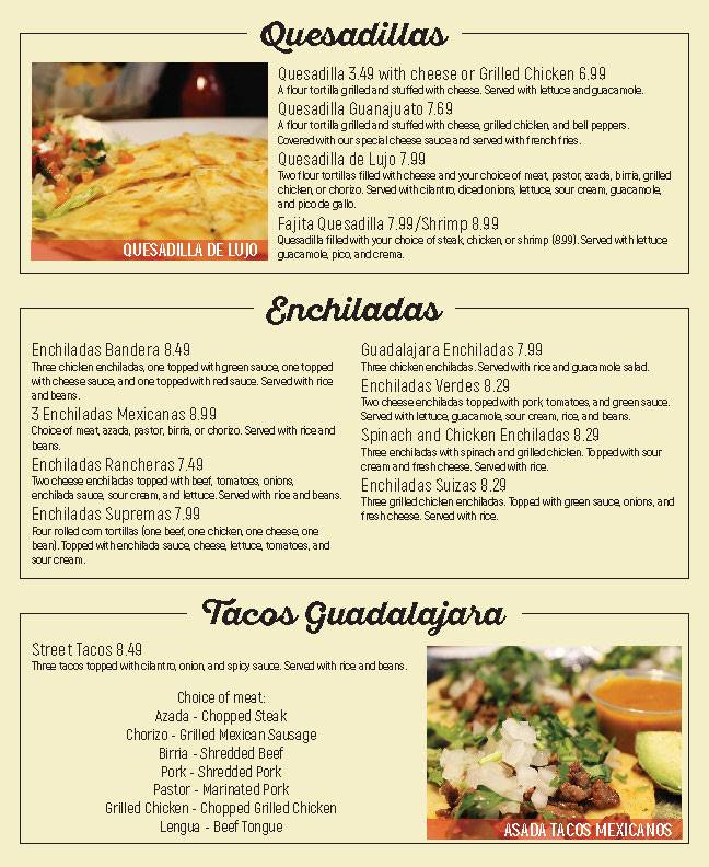 Menu at Guadalajara Mexican Grill restaurant, Pittsburg