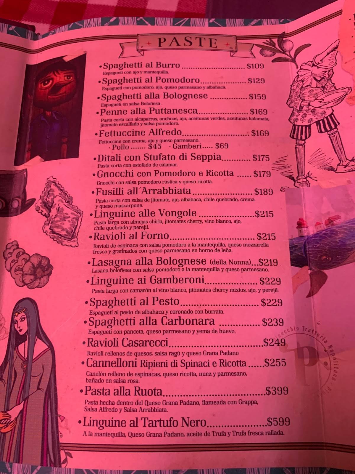 Carta del restaurante PINOCCHIO - Pedro Moreno, Guadalajara