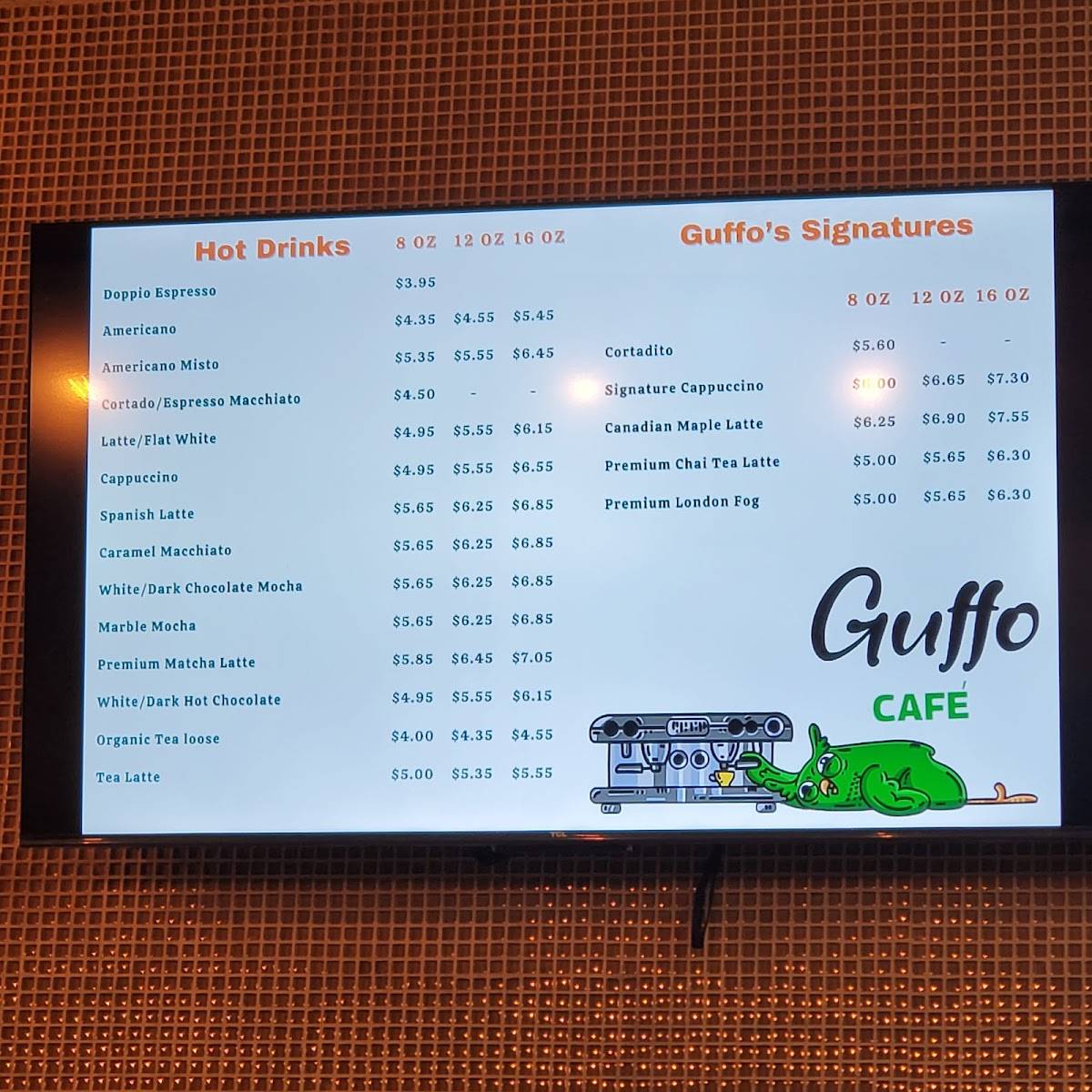 Menu at Guffo Café, Vancouver
