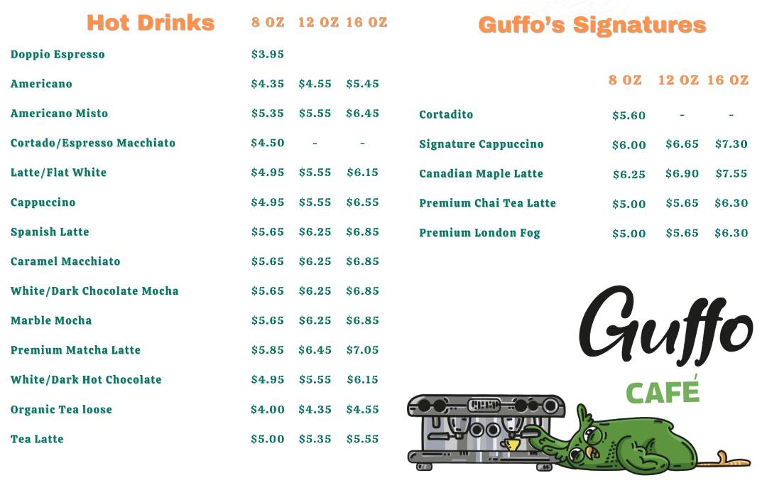 Menu at Guffo Café, Vancouver