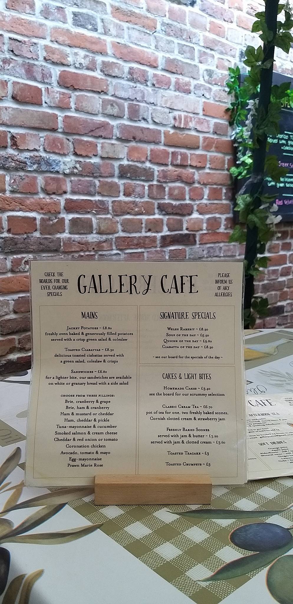 Carta de Gallery Cafe, Guildford