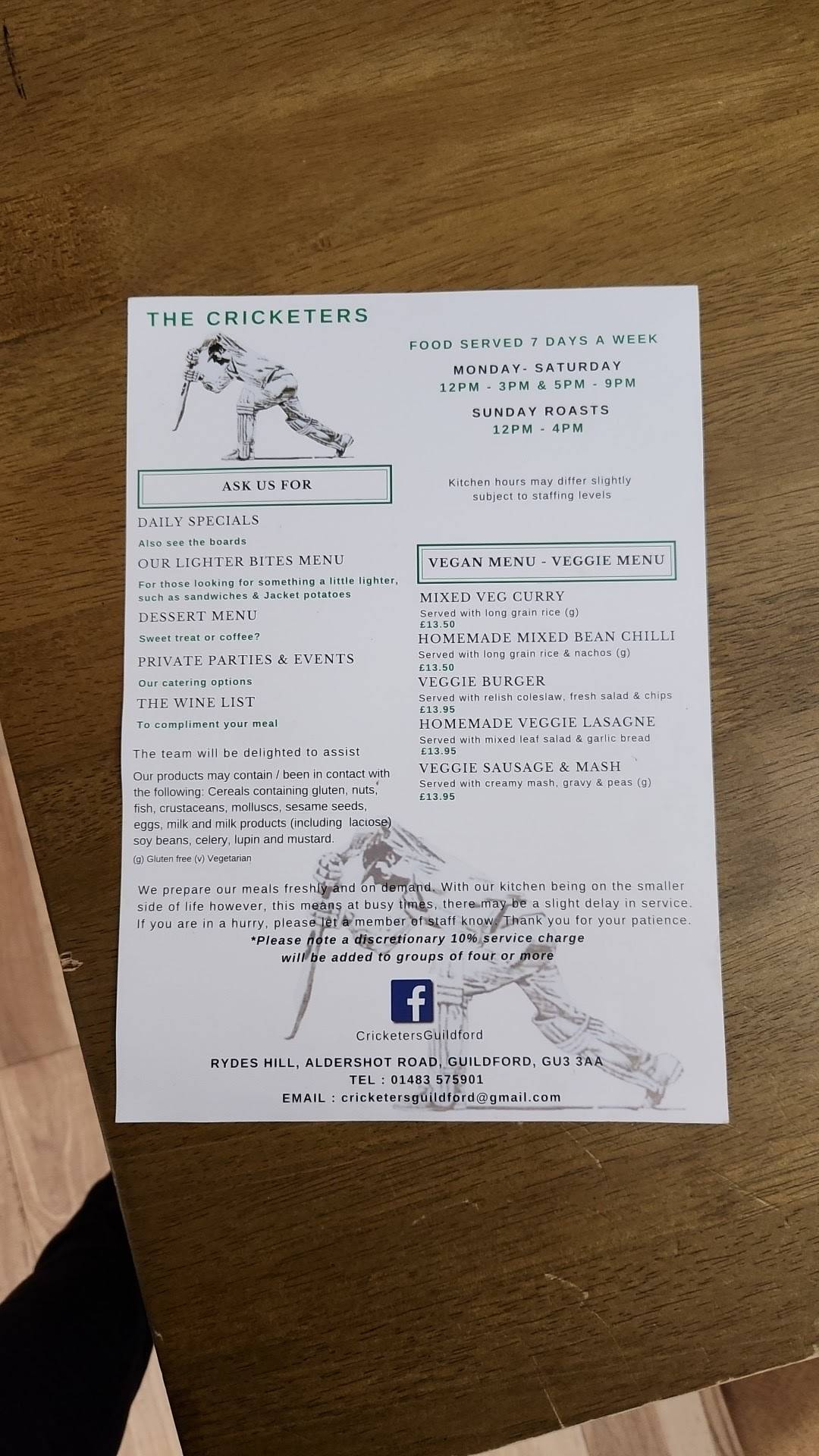Menu at The Cricketers pub & bar, Guildford