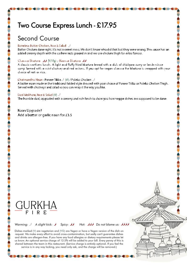 Menu at Gurkha Fire restaurant, Chatham
