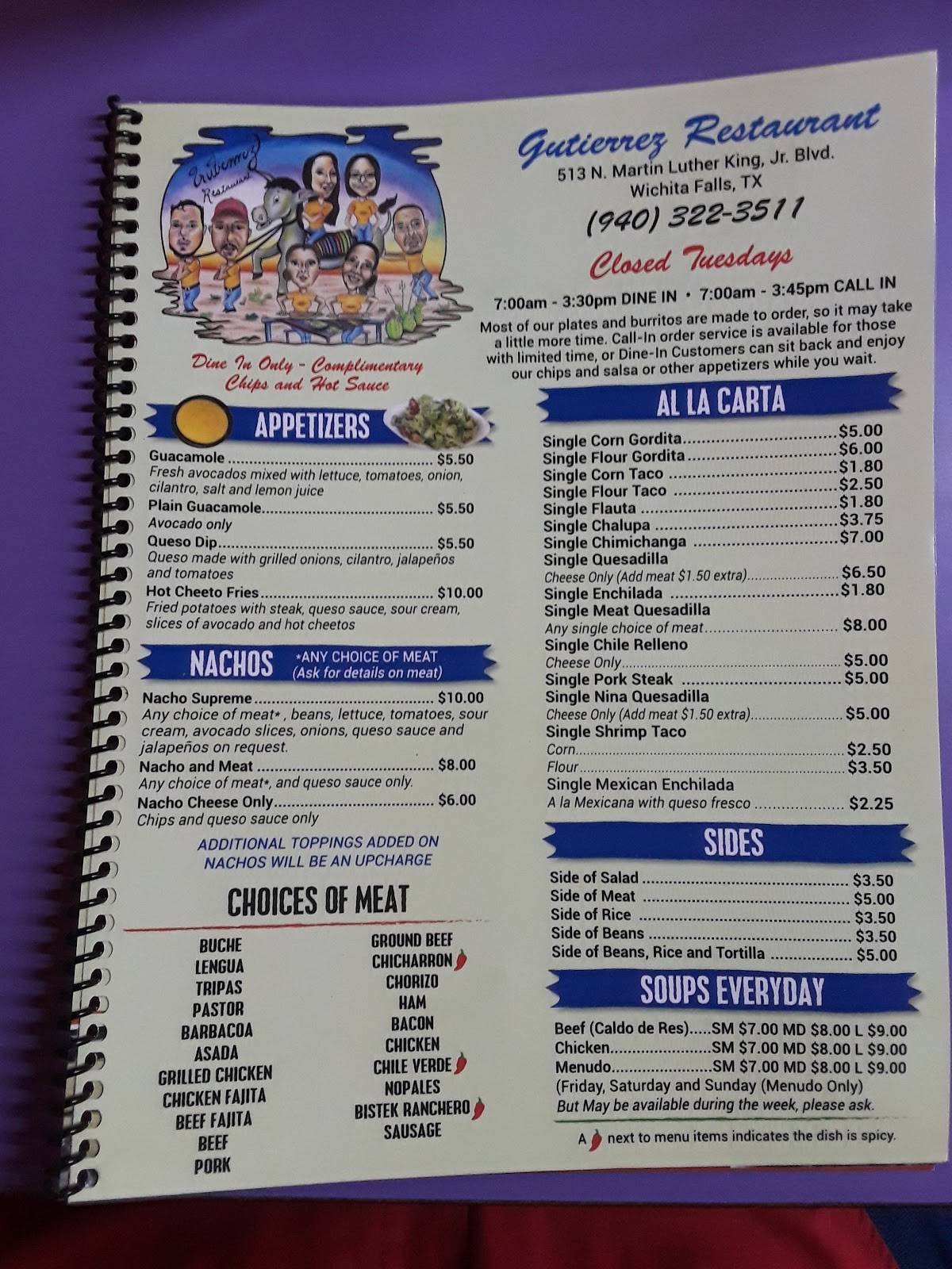 Menu at Gutierrez Family Restaurant, Wichita Falls
