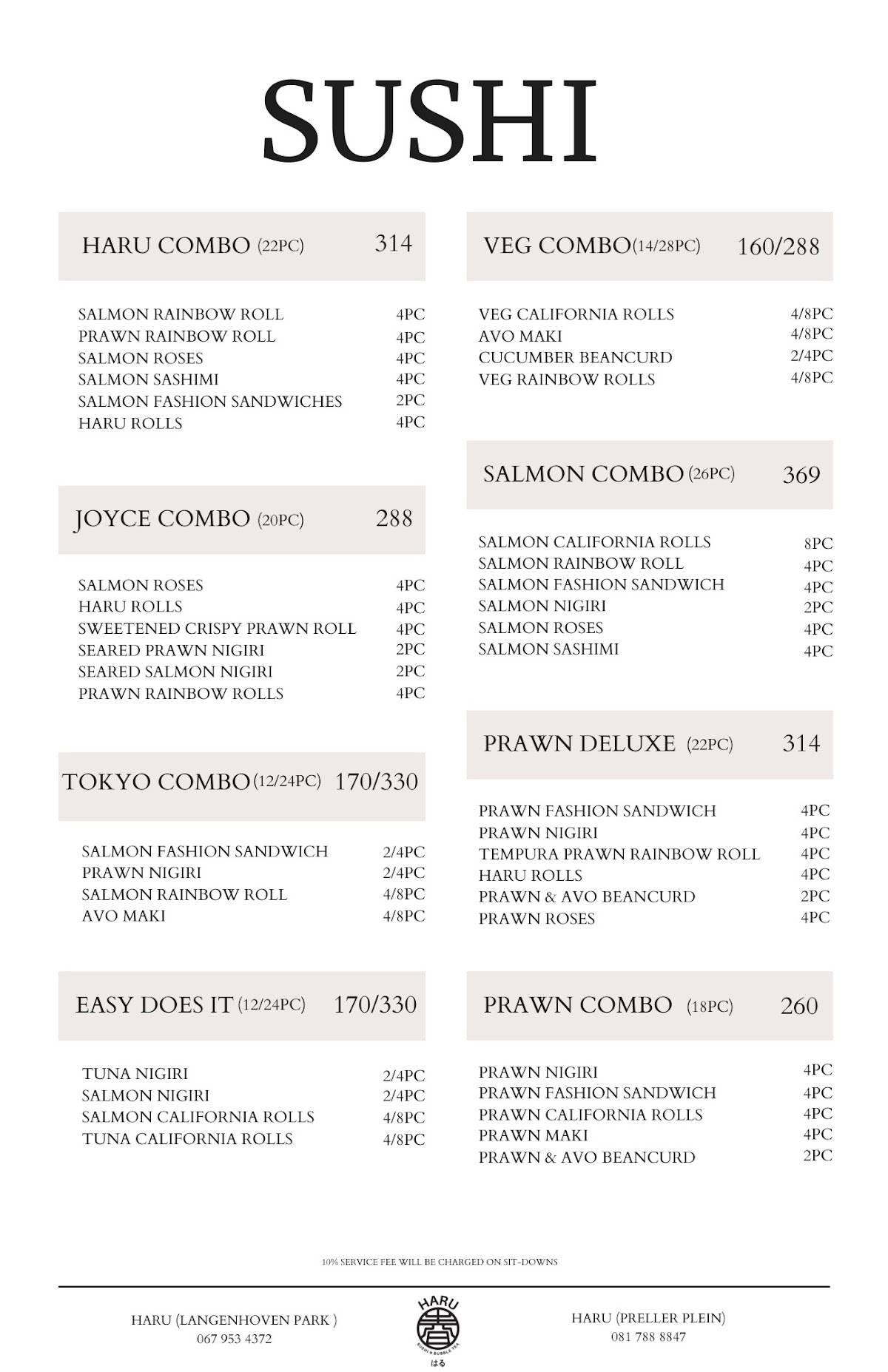 Menu at HARU Sushi & Bubble Tea Preller restaurant, Bloemfontein