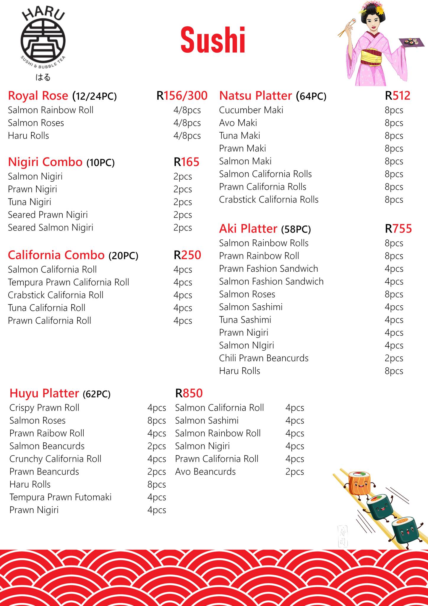 Menu at HARU Sushi & Bubble Tea Preller restaurant, Bloemfontein