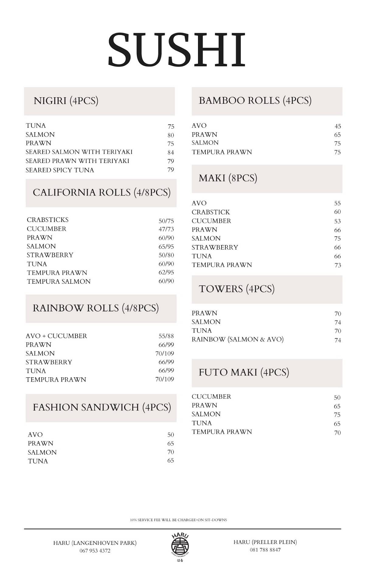 Menu at HARU Sushi & Bubble Tea Preller restaurant, Bloemfontein