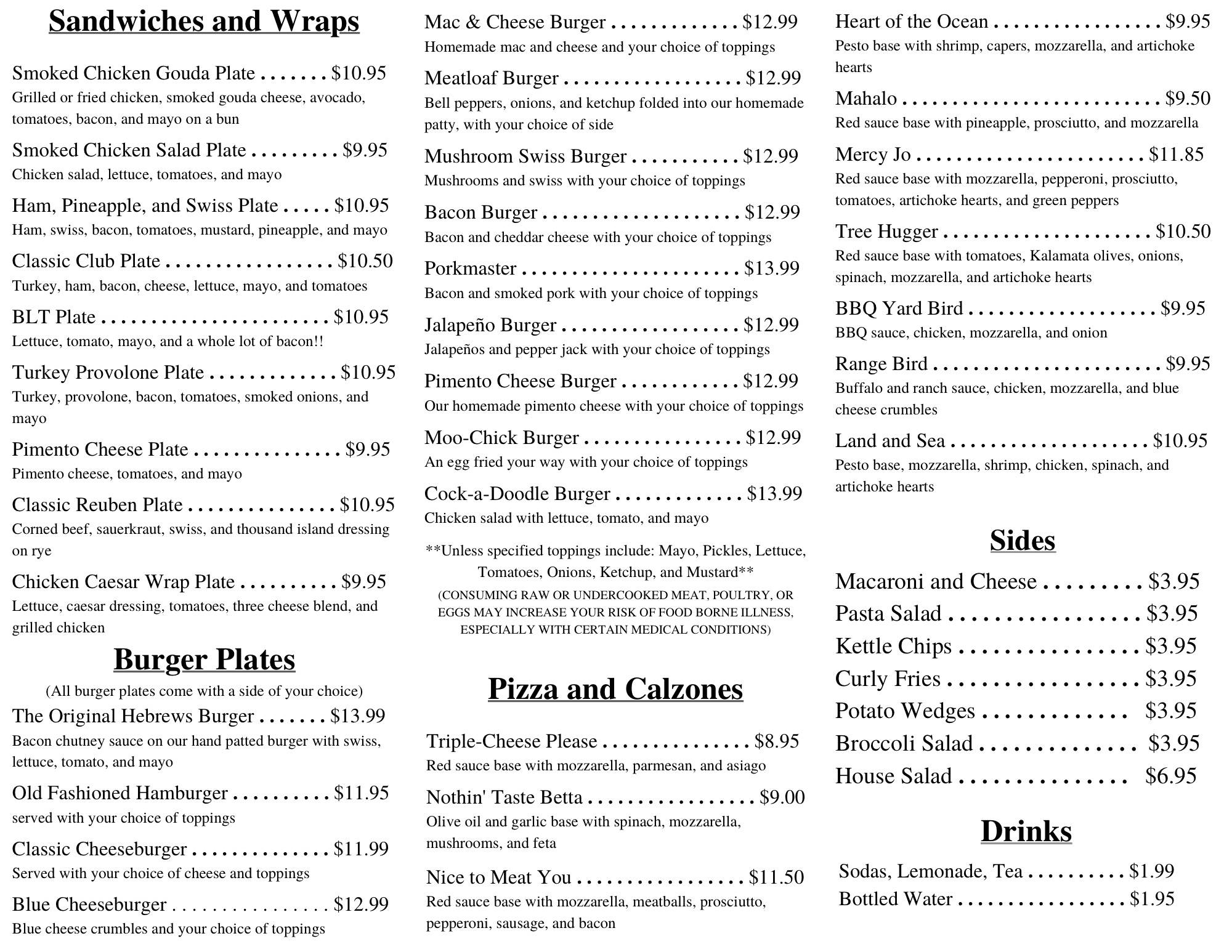 Menu at HEbrews Café cafe, Batesburg-Leesville